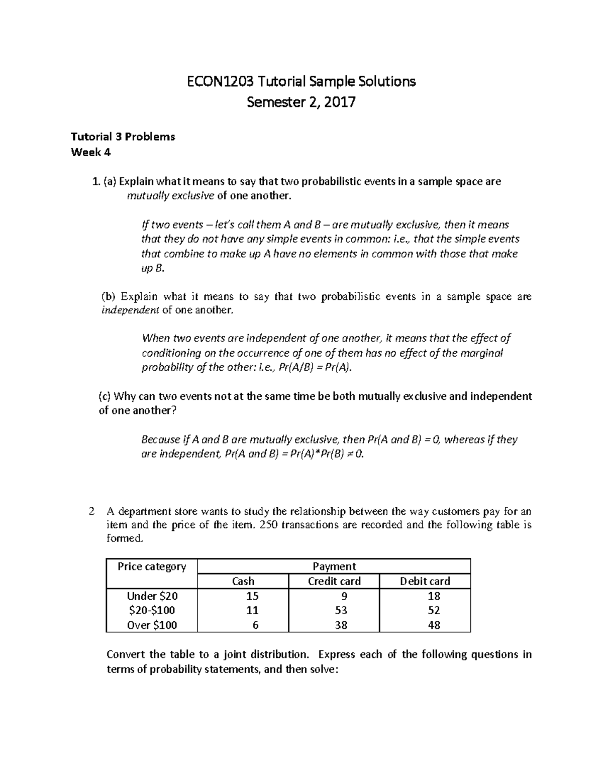 Tutorial 3 (Week 4) solutions - ECON 1203 Tutorial Sample Solutions ...