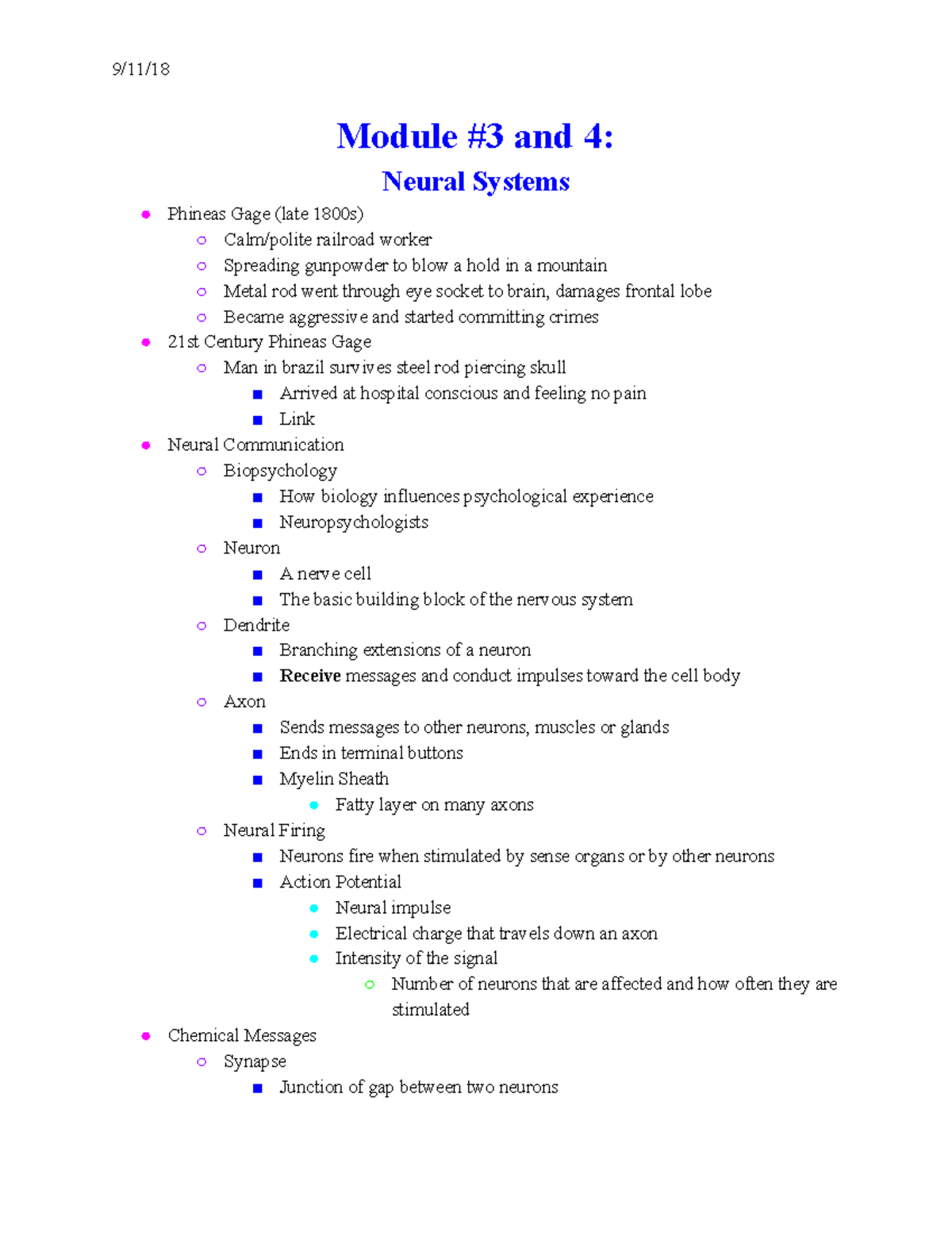 Module 3 and 4 for Intro to Psych - 9/11/18 Module #3 and 4: Neural ...