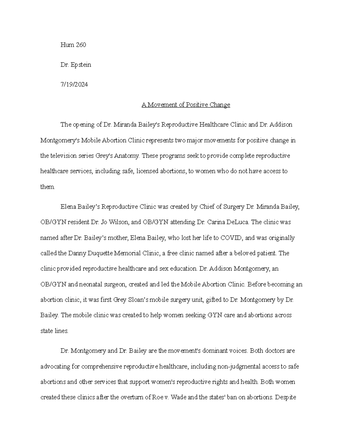 A movement for Positive Change/ Greys' Anatomy - Hum 260 Dr. Epstein 7 ...