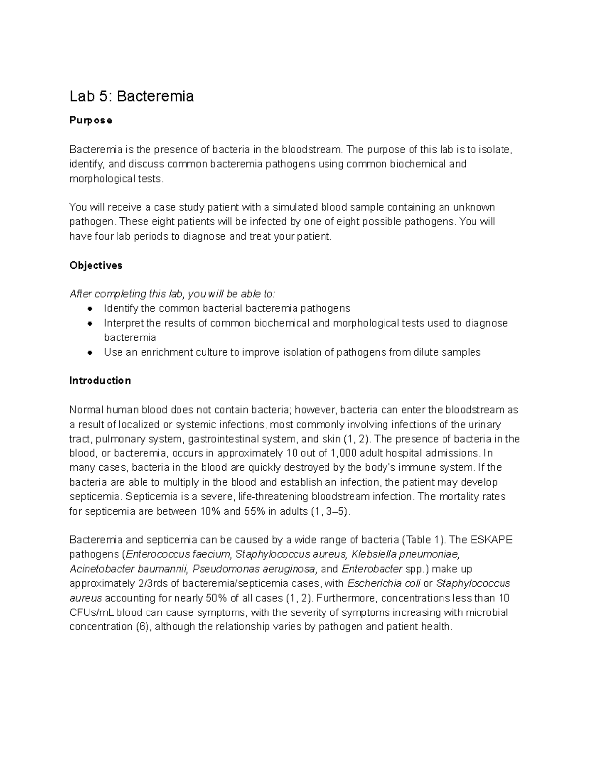 Pathogenic Microbiology Lab 5 Bacteremia Protocol - Lab 5: Bacteremia ...