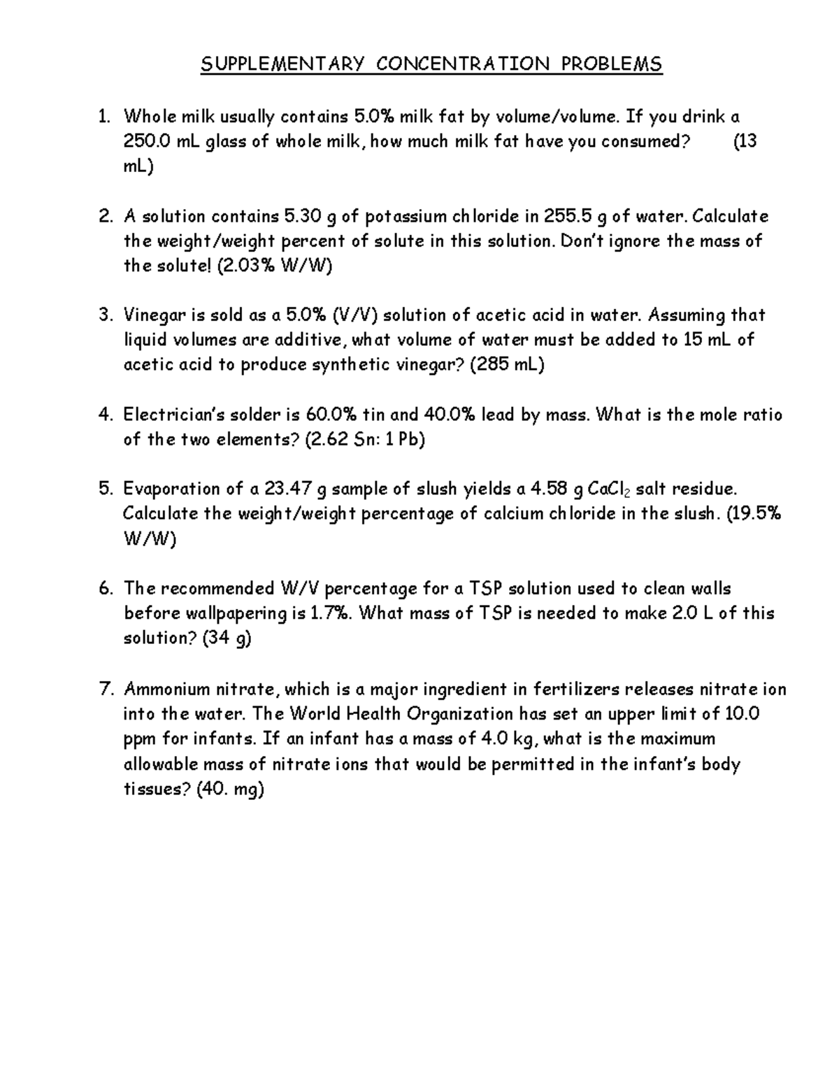 Concentration calculations 2 - SUPPLEMENTARY CONCENTRATION PROBLEMS 1 ...