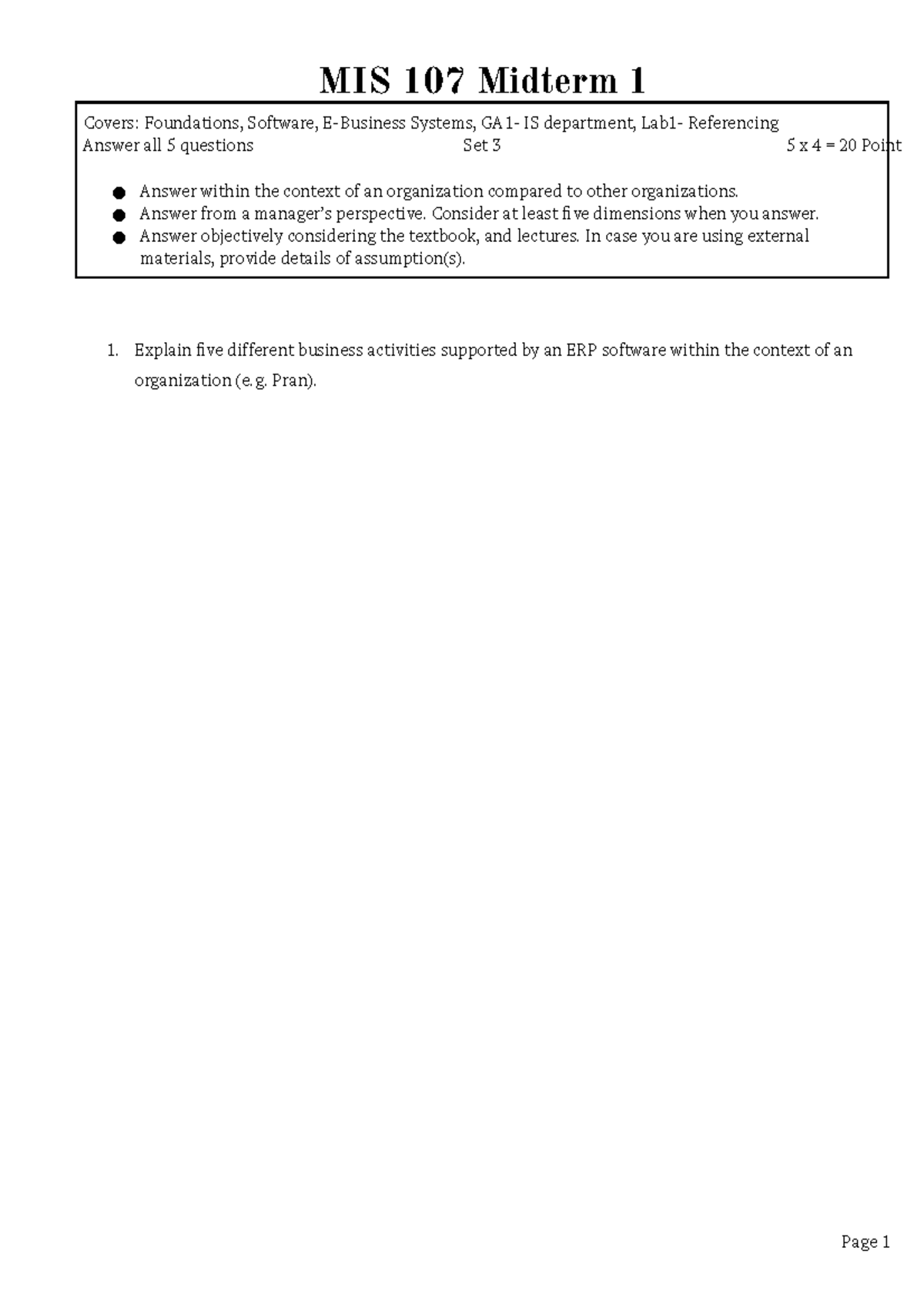 MIS 107 Midterm 1- Set 3a - MIS 107 Midterm 1 Covers: Foundations ...