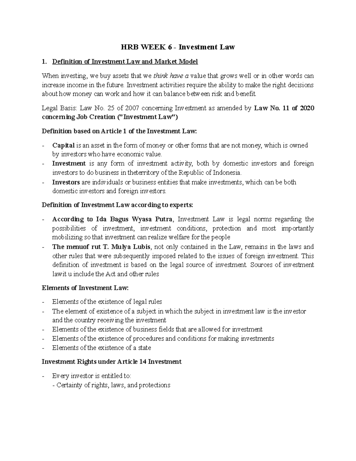 HRB UAS English Full - HRB WEEK 6 - Investment Law Definition of ...