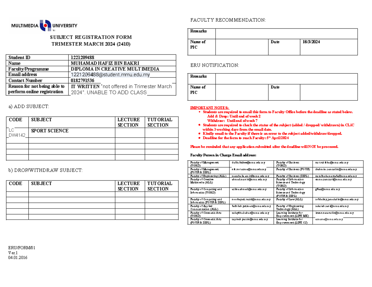 Subject Registration Manual Form 2410 - SUBJECT REGISTRATION FORM ...