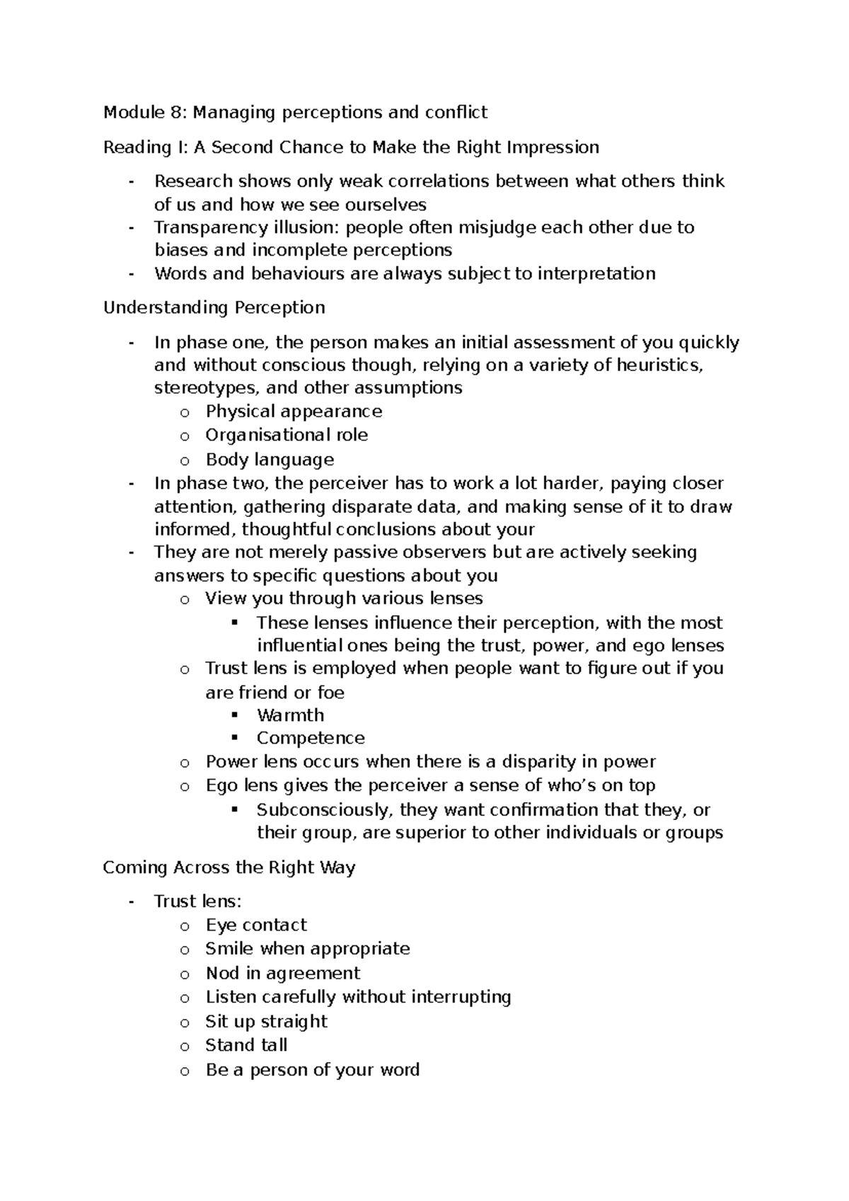 Module 8 - Notes - Module 8: Managing perceptions and conflict Reading ...