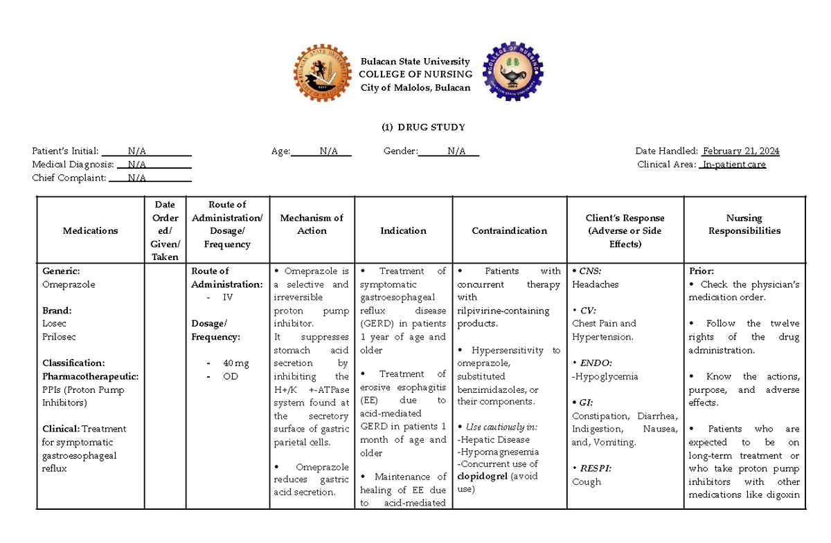 Drug Study for Omeprazole, Furosemide, Citicoline - Bulacan State ...