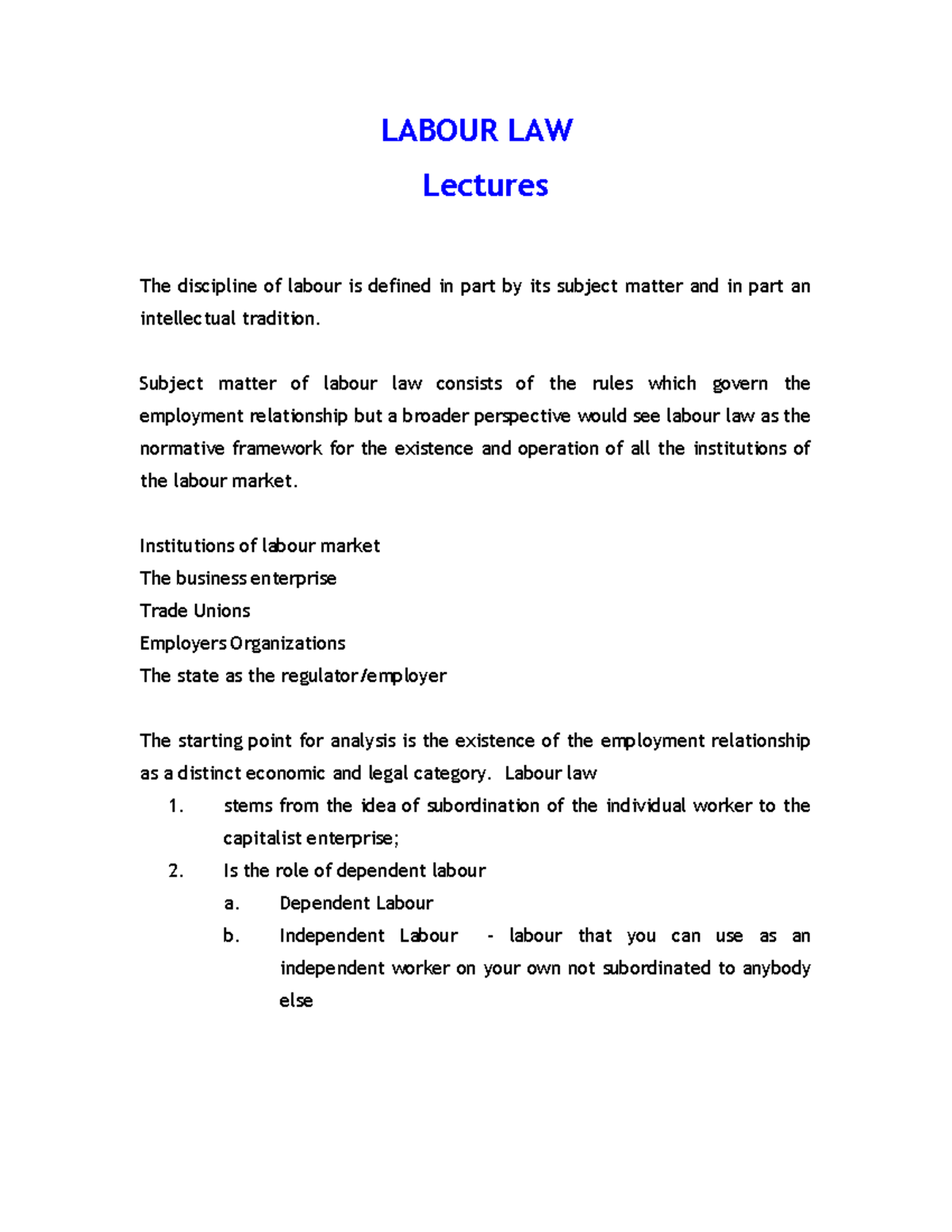 Labour LAW Lectures - LABOUR LAW Lectures The discipline of labour is ...