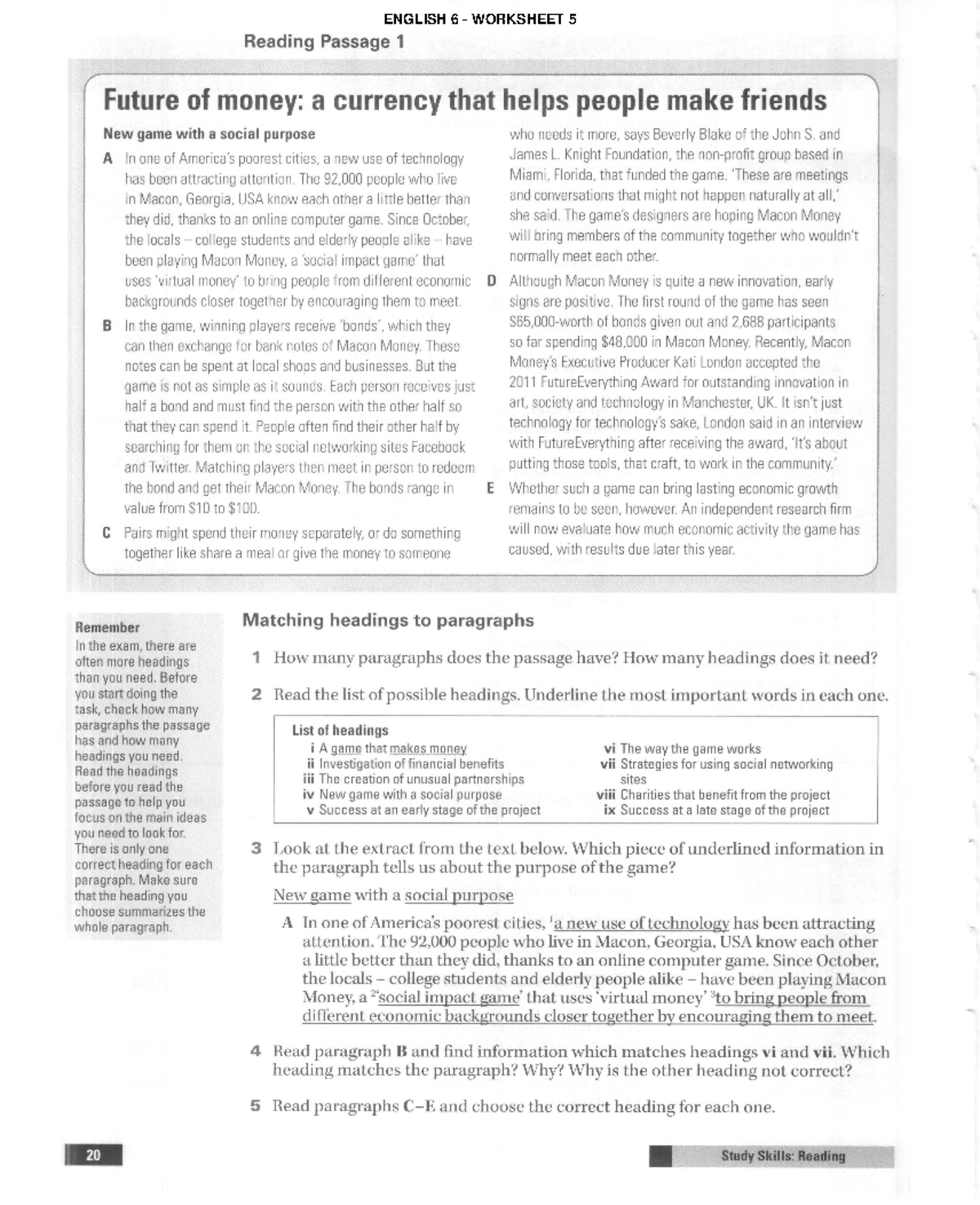 Worksheet 5 - IELTS BOOK - Reading Passage 1 Future of money: a ...