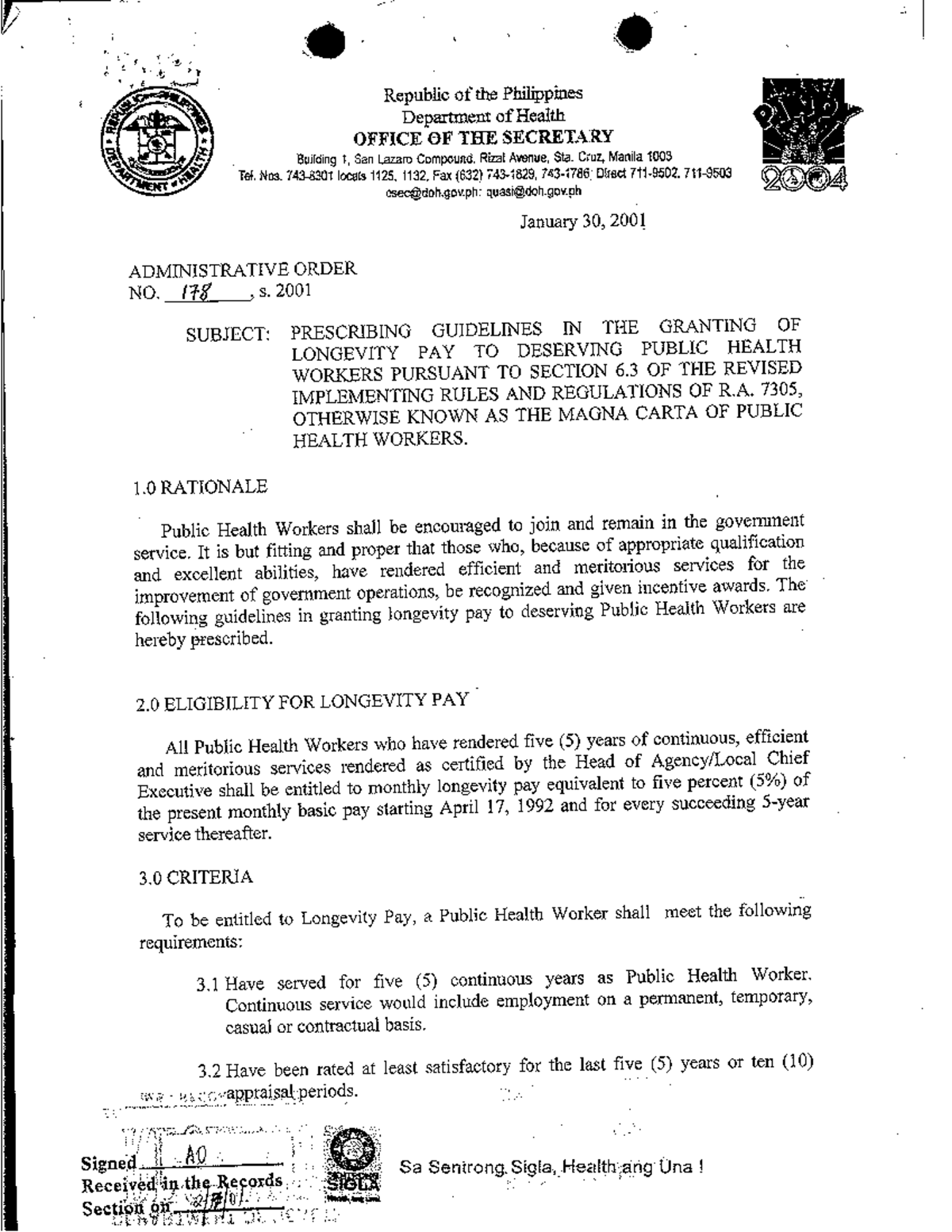 Longevity Pay Computation - Republicofthe Philippines DepartmentofHealth OFFICE OF THE SECRETARY ...