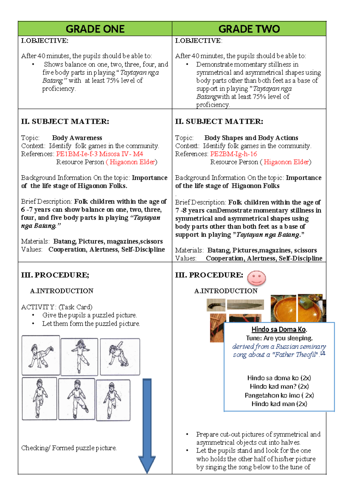 Multigrade Lesson Plans FOR Grades I AND - GRADE ONE GRADE TWO I: After ...
