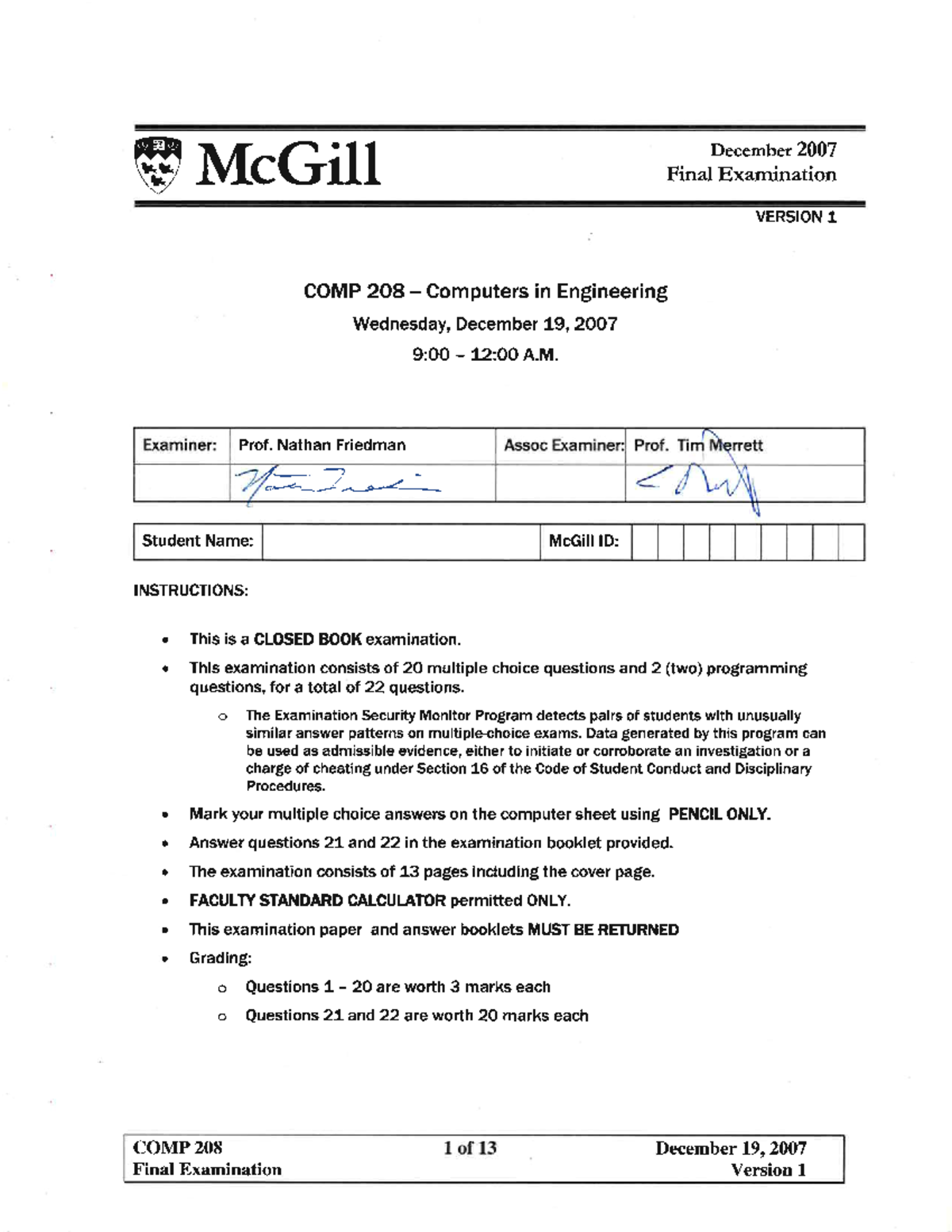 COMP 208 december 2007 - Practice/Exam - Comp 208 - Studocu