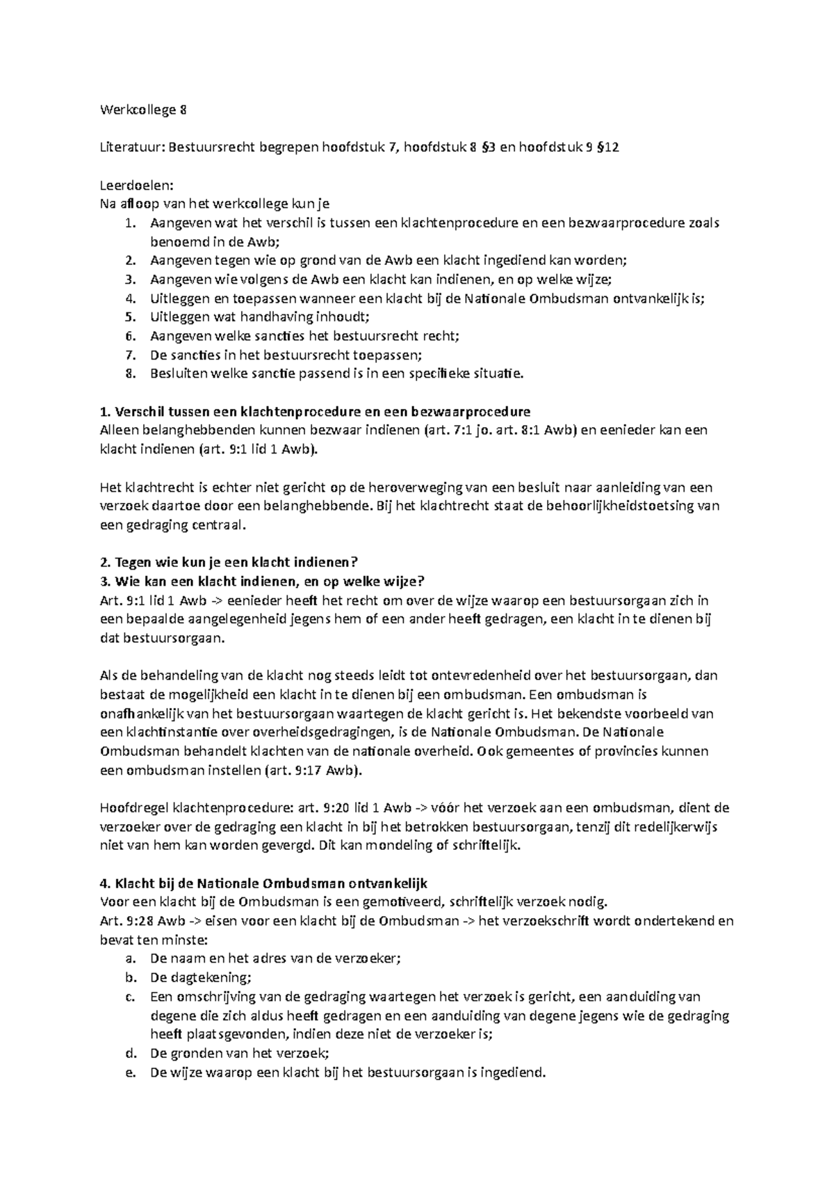 Bestuursrecht, toezicht, handhaving en klachtprocedures - Werkcollege 8 Literatuur ...