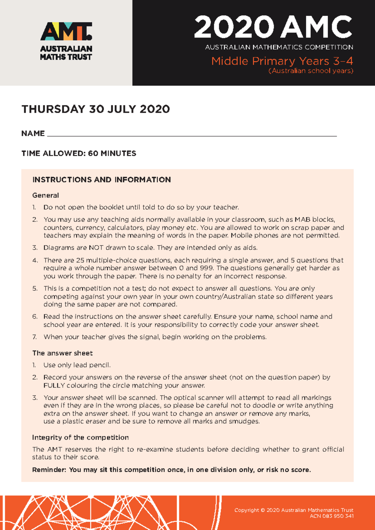 2020 AMC MPrimary - AMC mathematics Paper 2020 - Copyright © 2020 ...