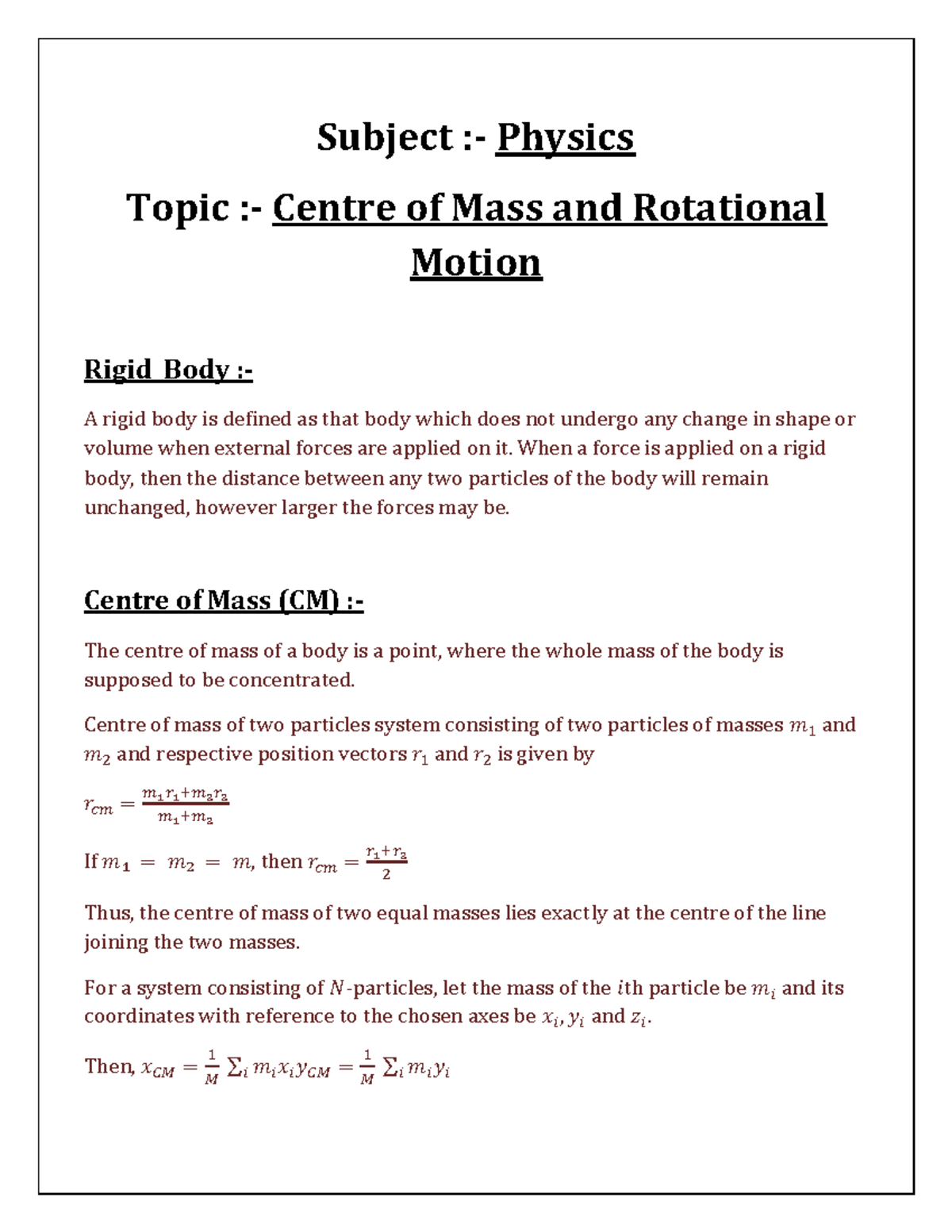 Centre of mass and rotational motion class notes - Physics - Calcutta ...