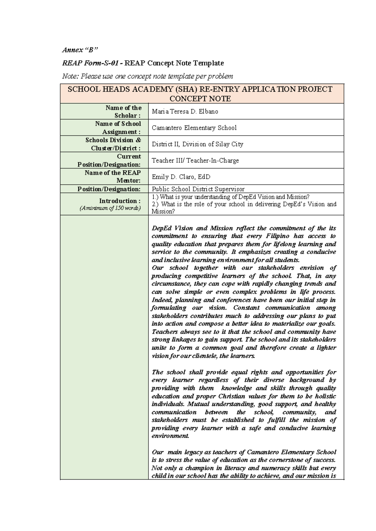 Annexb 1 - REAP Form-S-01 - REAP Concept Note Elbano 1 - Annex “B” REAP ...