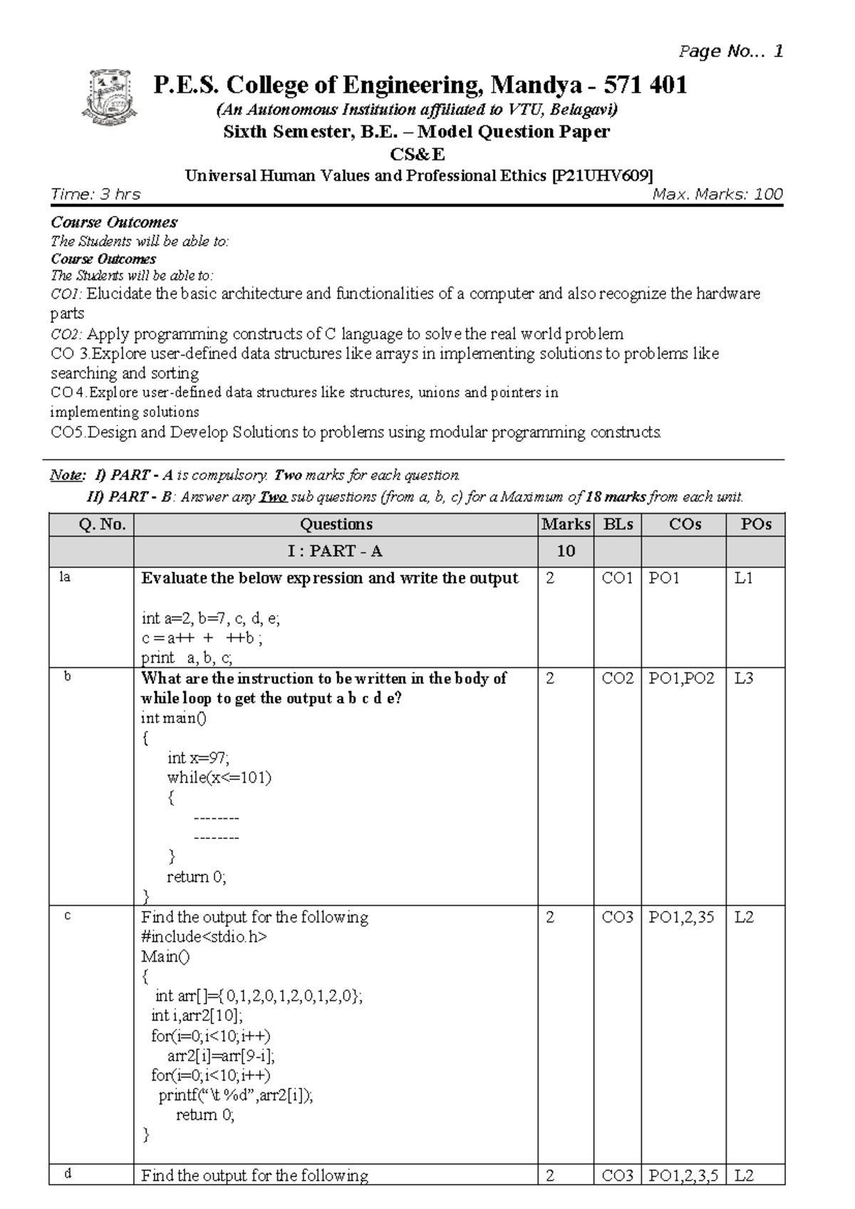 Model QP UHV - Page No... 1 P.E. College of Engineering, Mandya - 571 401 (An Autonomous ...