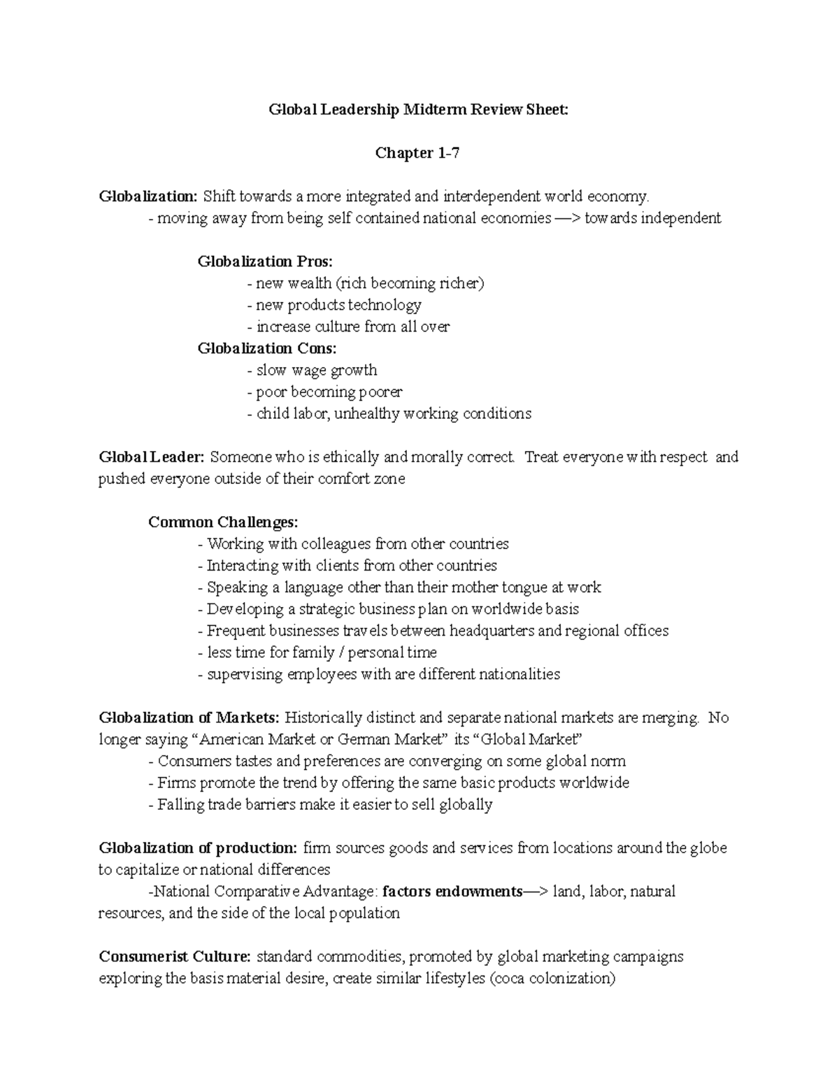 Global Leadership Midterm Review Sheet - Global Leadership Midterm ...