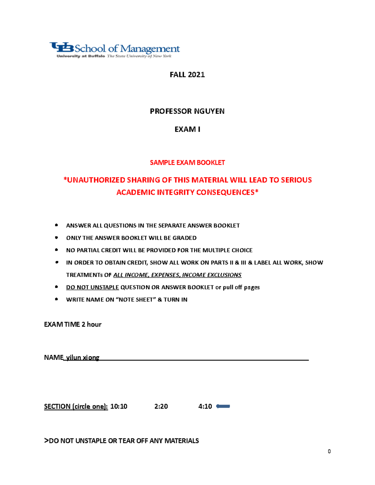Fall 2021 Exam 1 Sample Answer Booklet - MGA 403 - UB - Studocu