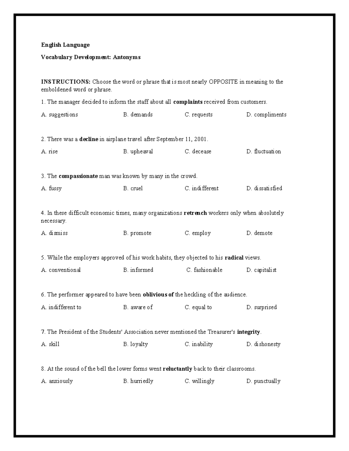 Antonyms CSEC English A - English Language Vocabulary Development ...