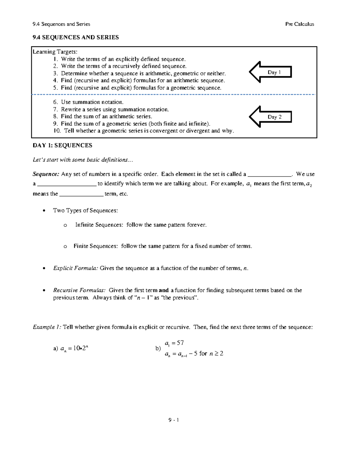 Precalc - Chapter 9 Notes - 9 SEQUENCES AND SERIES Learning Targets ...