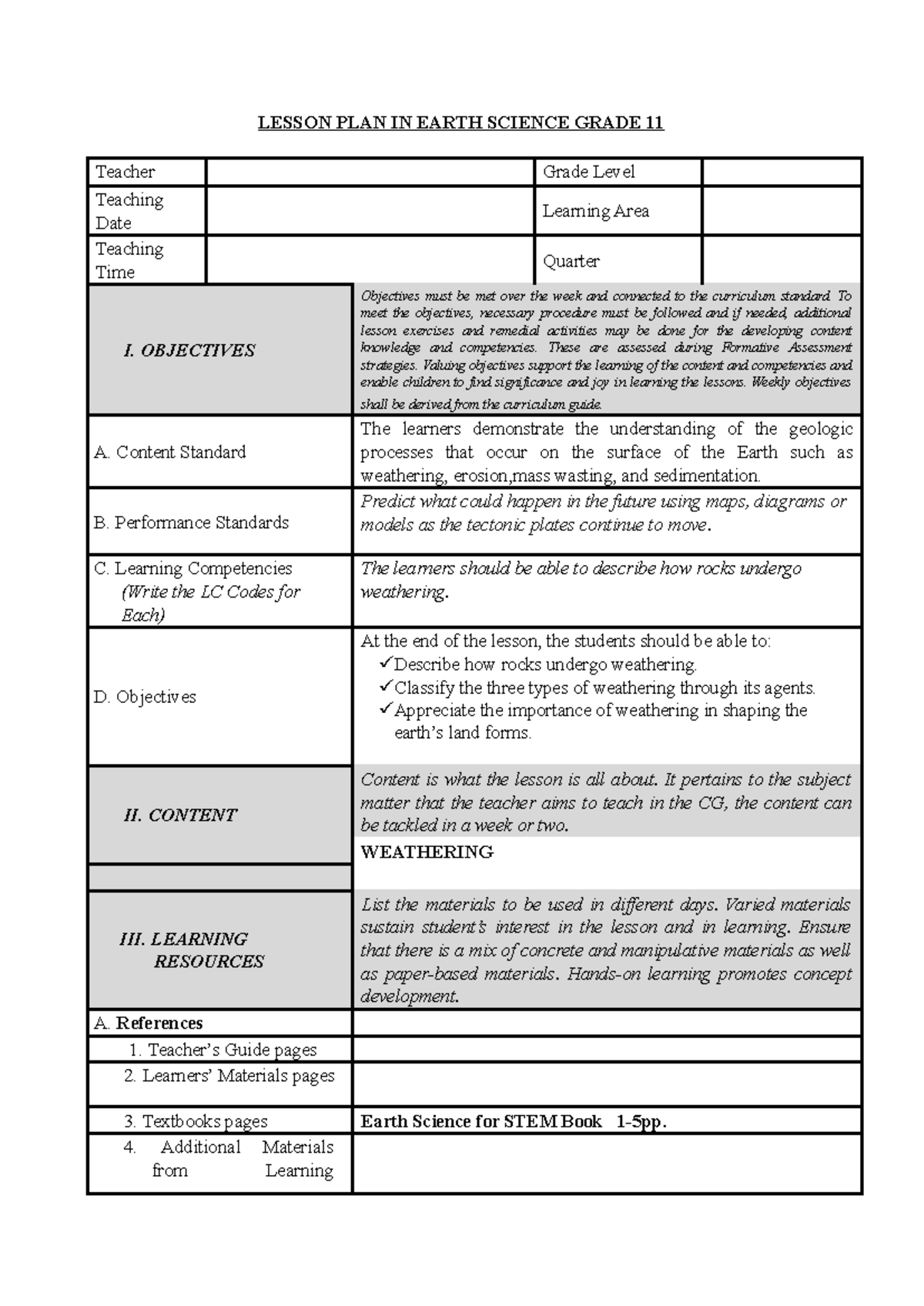 7-Es-LP - dad - LESSON PLAN IN EARTH SCIENCE GRADE 11 Teacher Grade ...