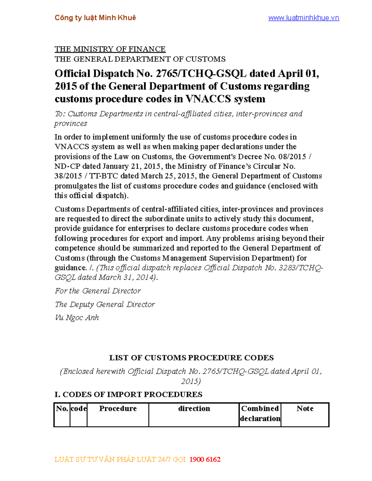 2765-TCHQ-GSQL - dvm - THE MINISTRY OF FINANCE THE GENERAL DEPARTMENT ...