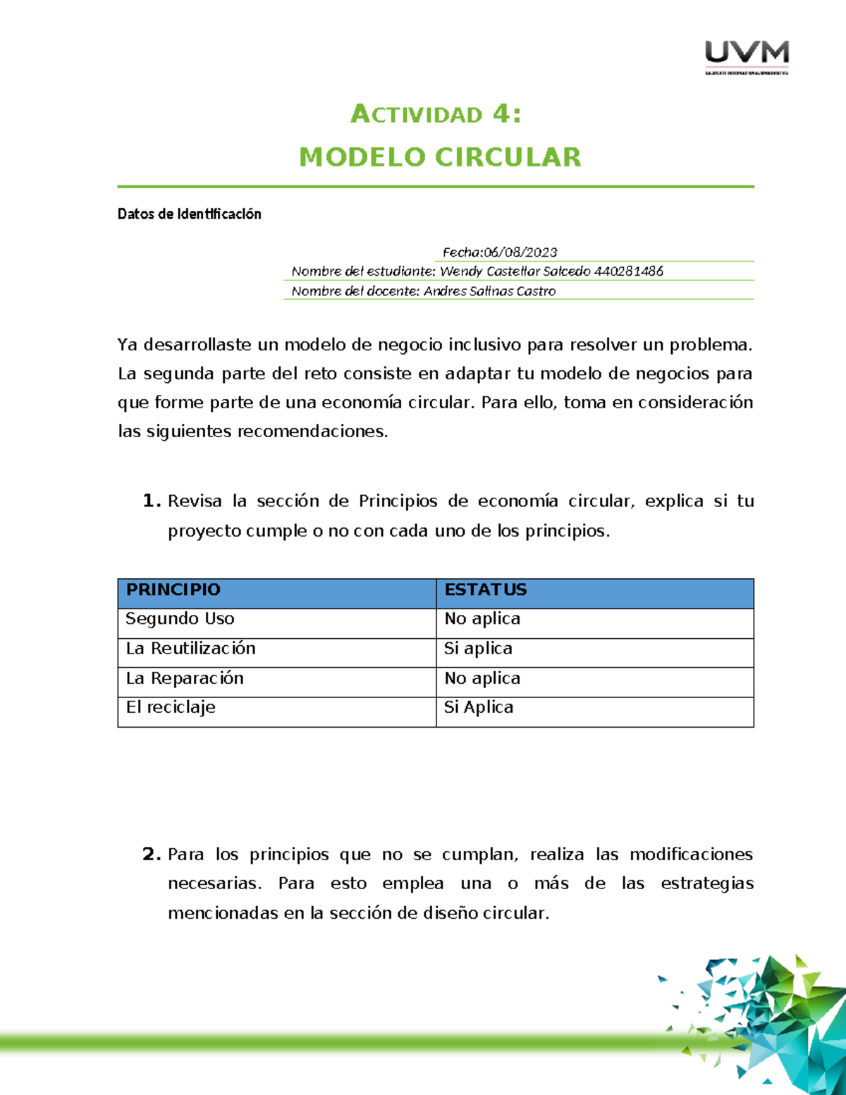 ACTIVIDAD 4 MODELO CIRCULAR - ACTIVIDAD 4: MODELO CIRCULAR Datos de ...