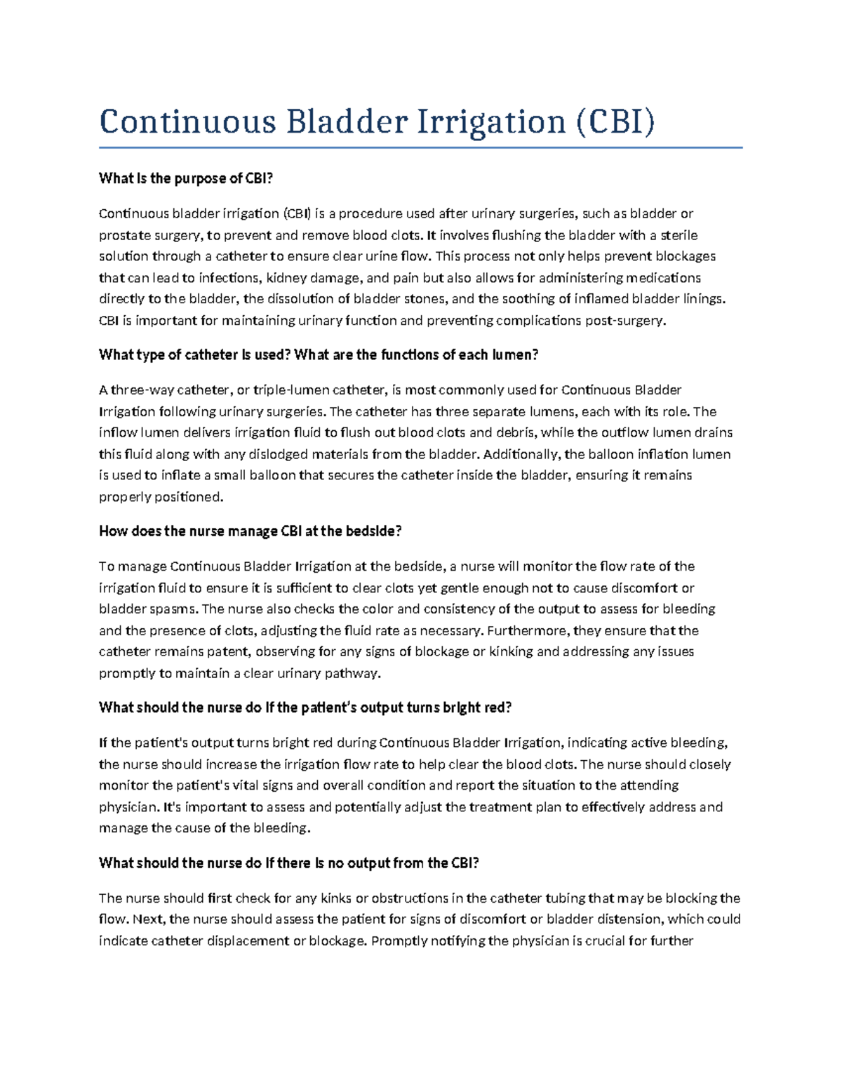 Preclass assignment - lwfmkldnvdk - Continuous Bladder Irrigation (CBI ...