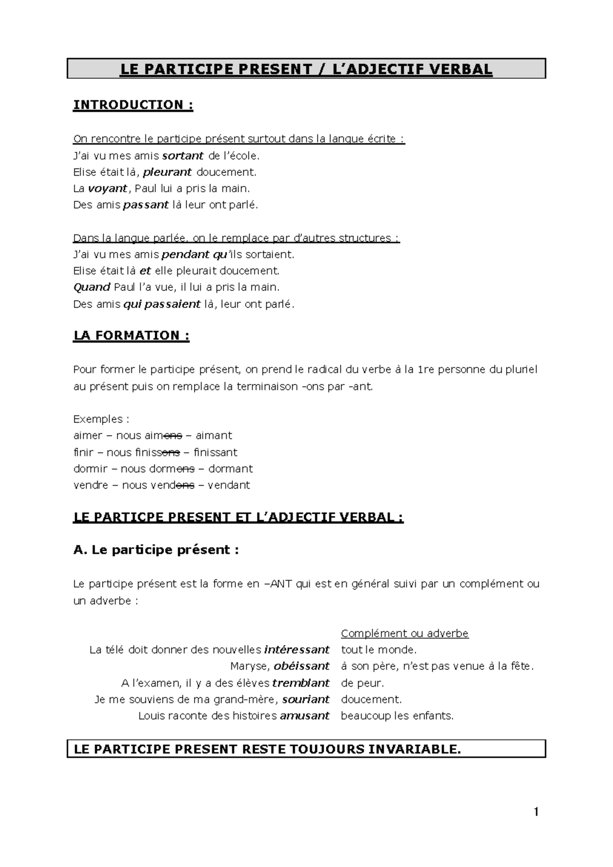 Le gérondif - frans - LE PARTICIPE PRESENT / L’ADJECTIF VERBAL ...