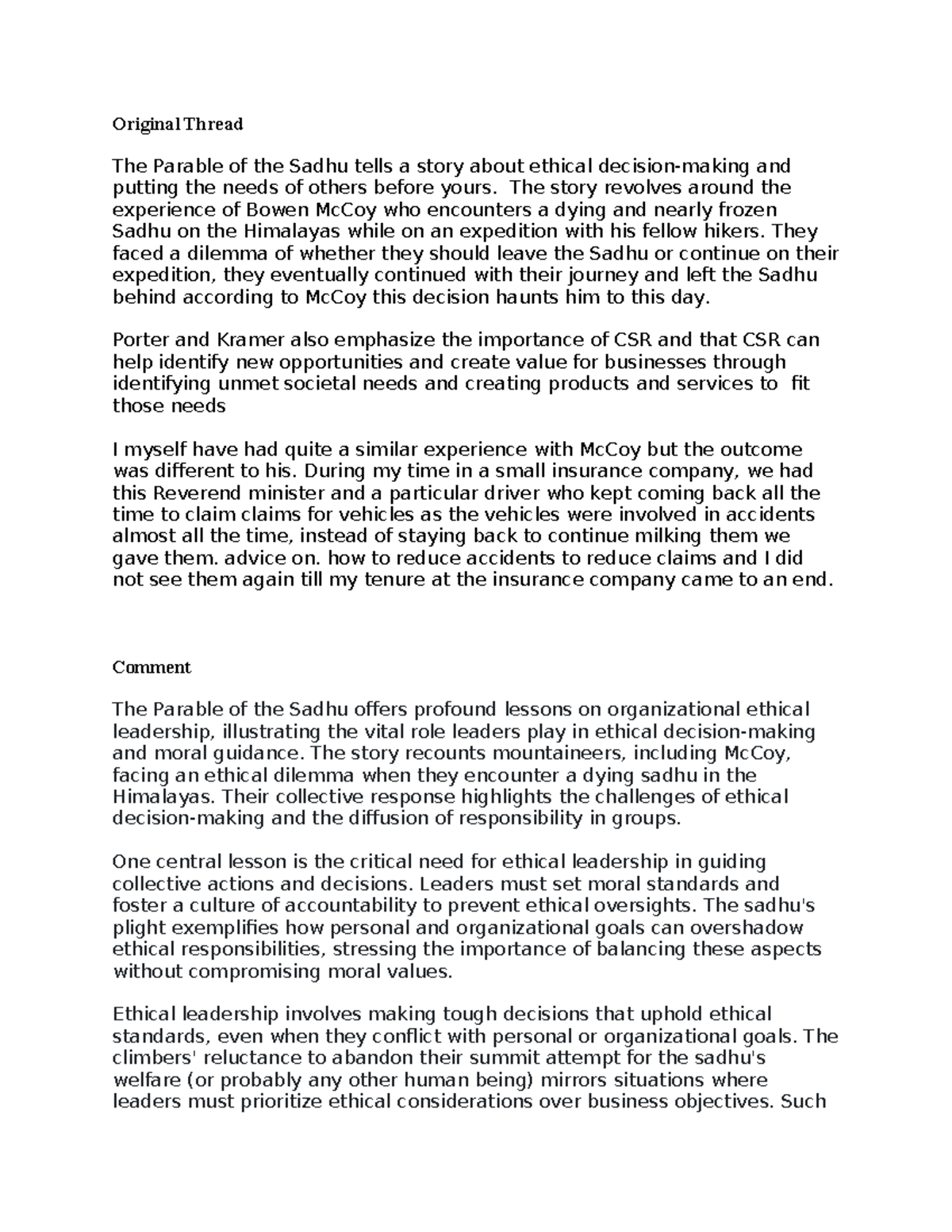 OP ED Assignment 2 - Original Thread The Parable of the Sadhu tells a ...