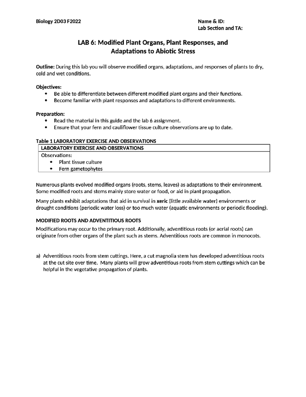 Bio 2D03 Lab 6 - Modified plant organs, plant responses, and ...