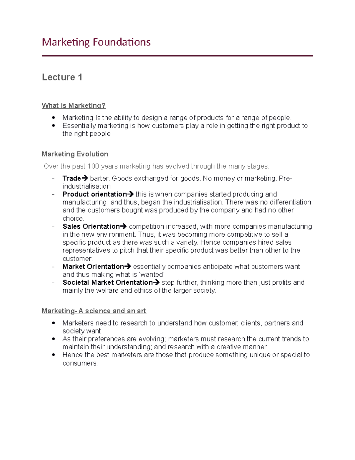 Marketing Foundations Real Notes - Marketing Foundations Lecture 1 What ...