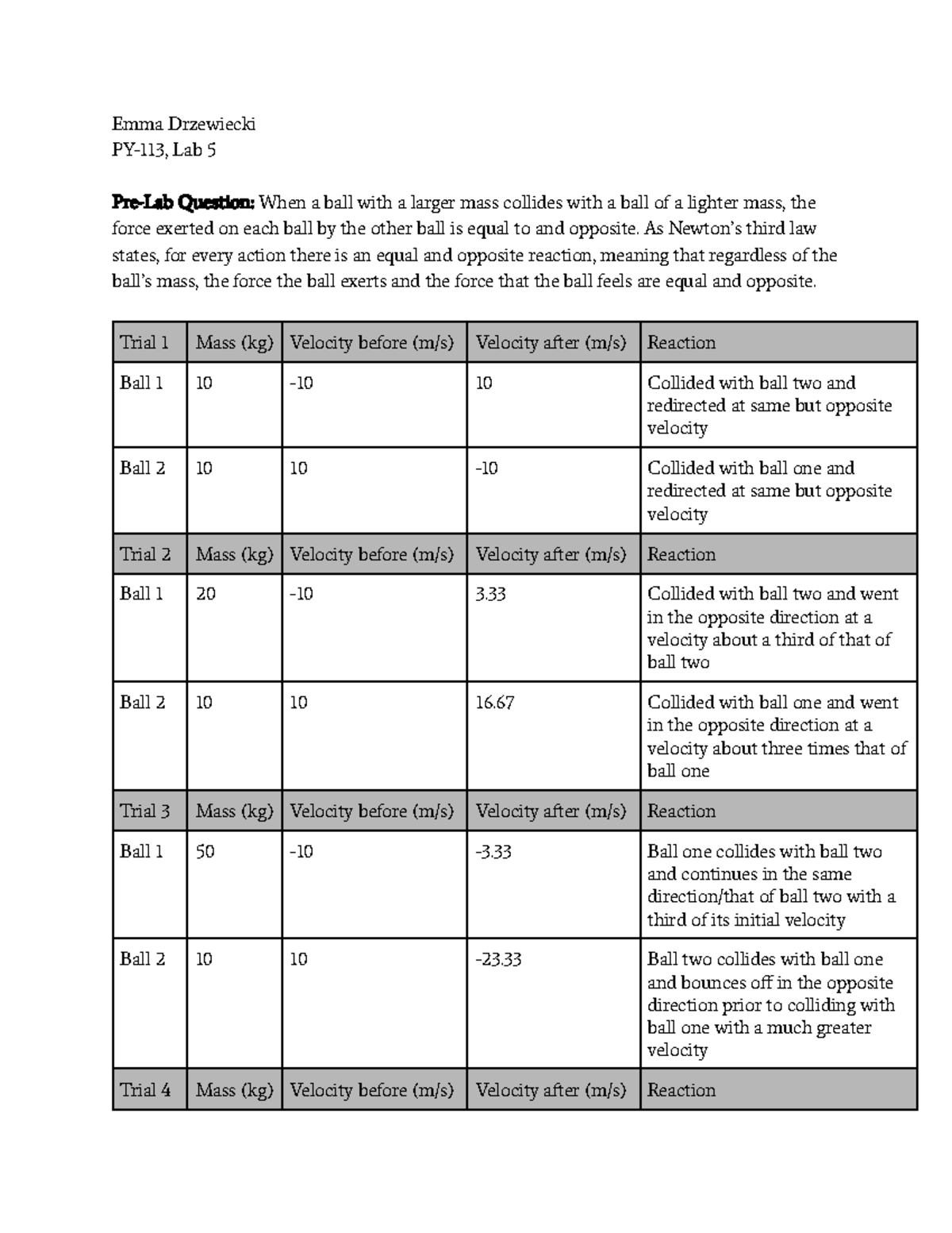 Lab 5 - Actual ) - Lab 5 General Physics One - Solved - Emma Drzewiecki ...