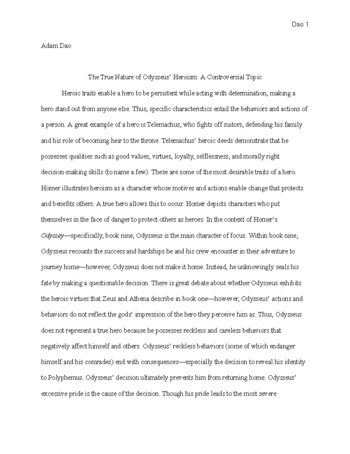 Odyssey Essay - Adam Dao The True Nature of Odysseus’ Heroism: A ...