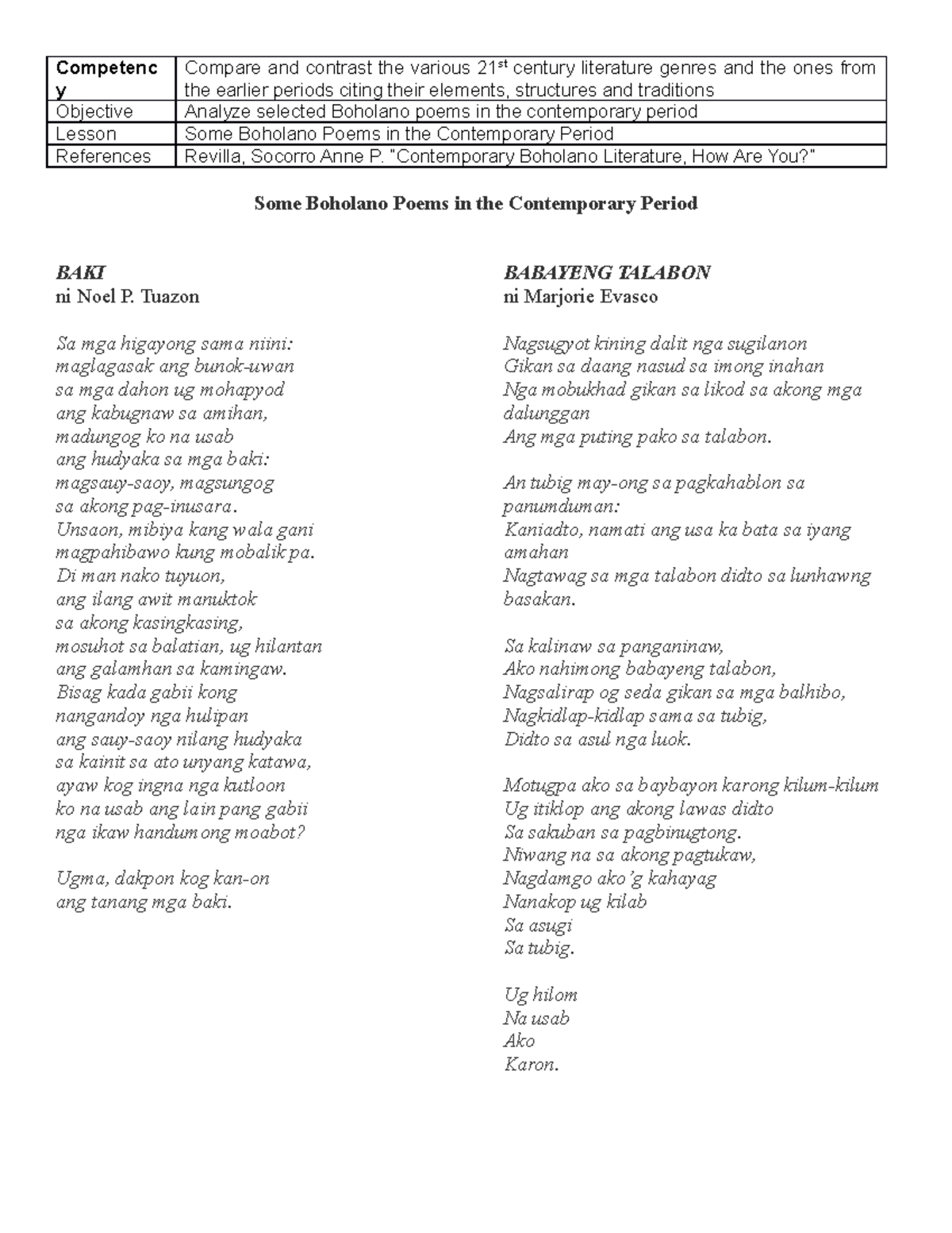 Boholano Poetry in the 21st Century enhanced - Competenc y Compare and ...