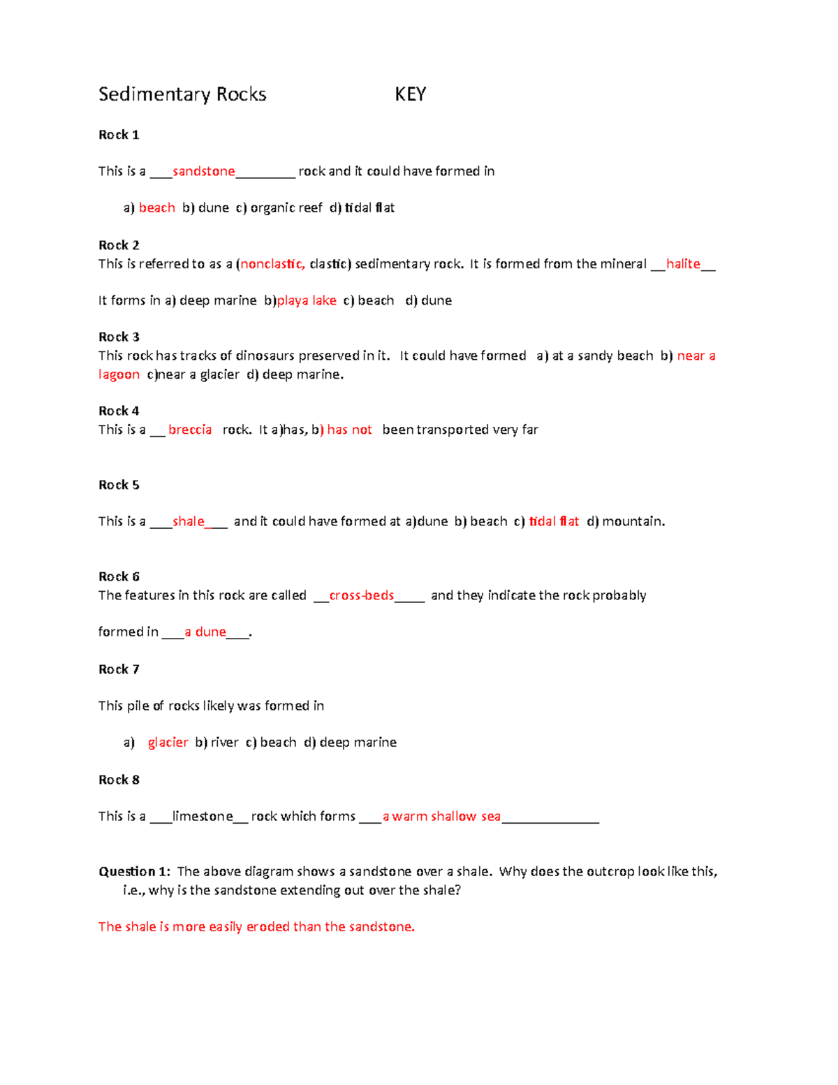 Sedimentary Rocks exercise Key - Sedimentary Rocks KEY Rock 1 This is a ...