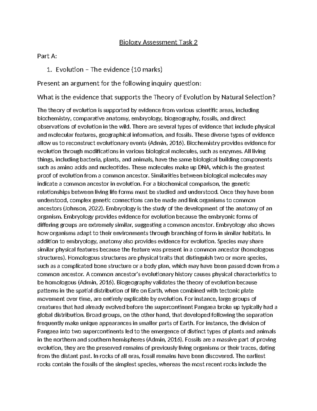 Biology Assessment Task 2 - Evolution – The evidence (10 marks) Present ...