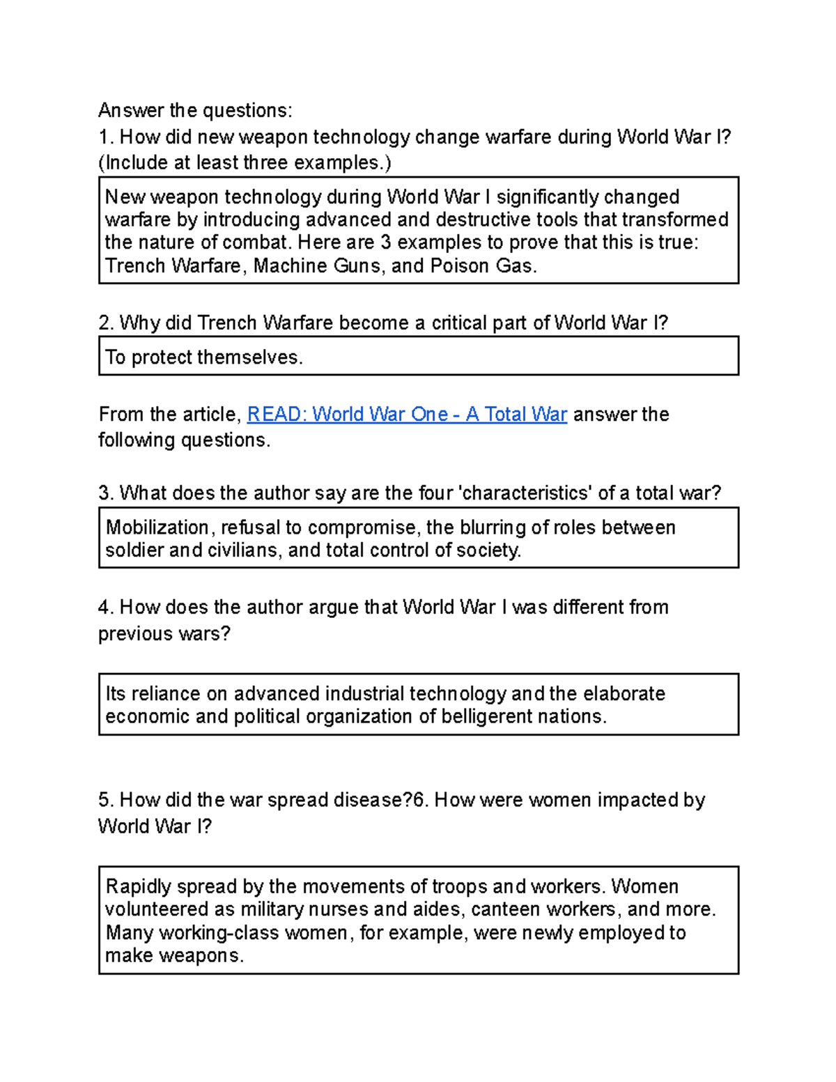Copy of Unit 3 WWI Warfront Conditions dropbox - Answer the questions ...