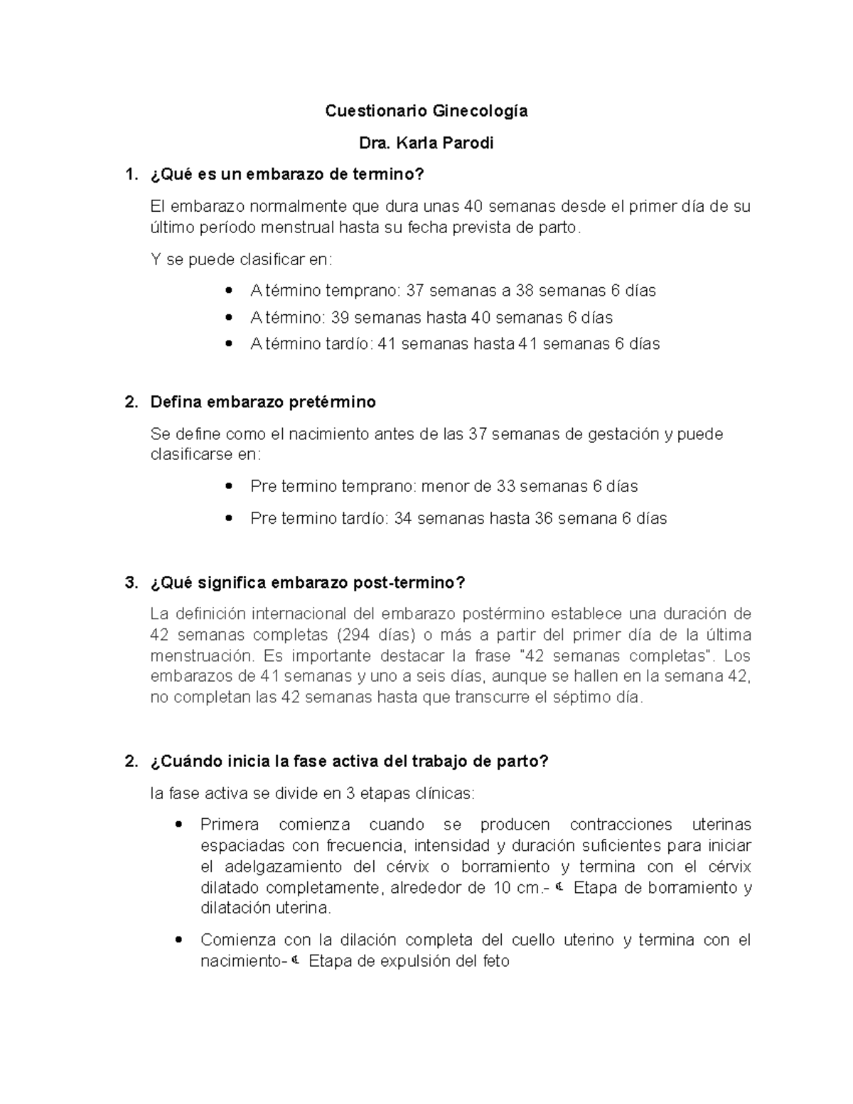 Cuestionario Ginecologia - Cuestionario Ginecología **Dra. Karla Parodi ...