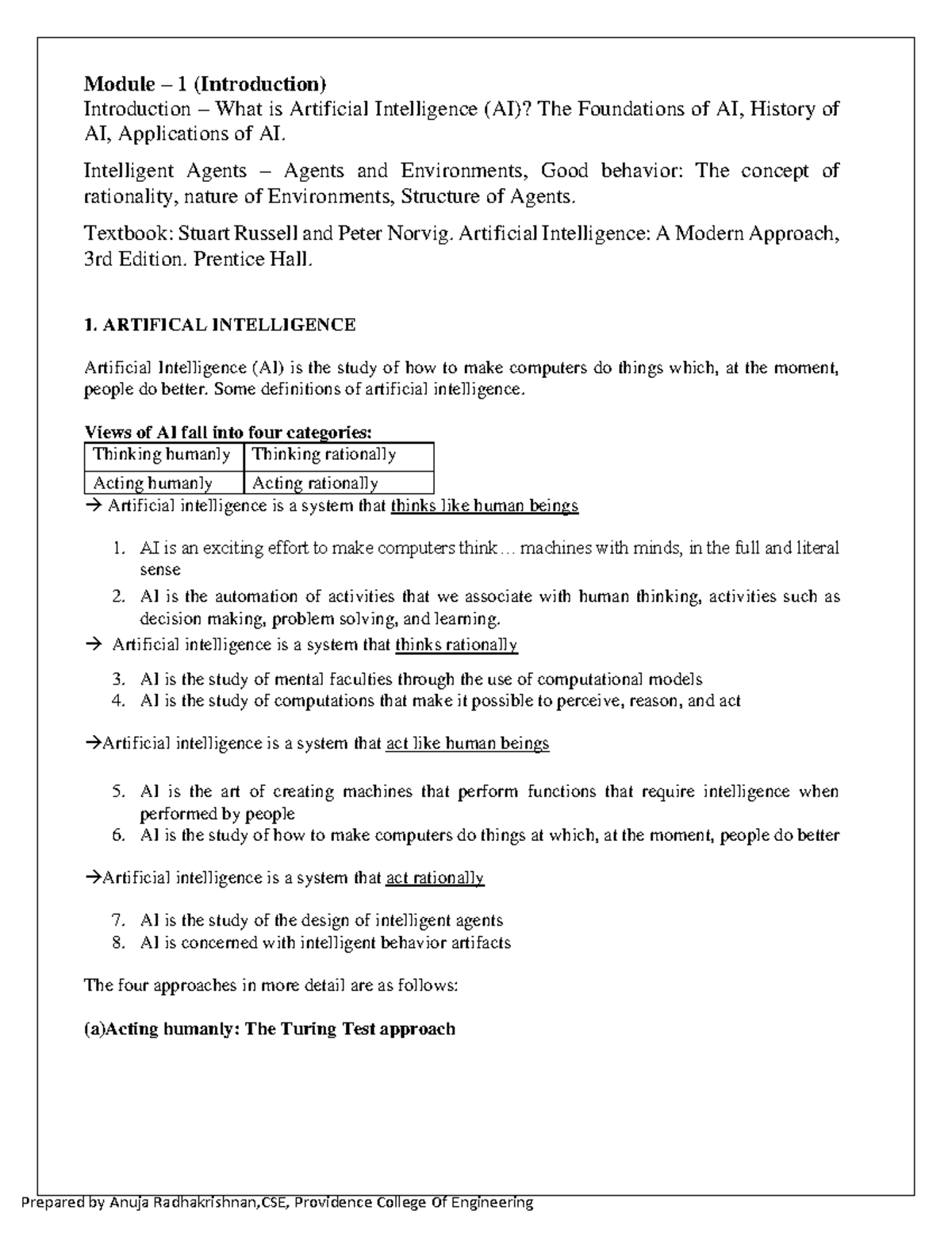 AI MOD1 - Module – 1 (Introduction) Introduction – What is Artificial ...