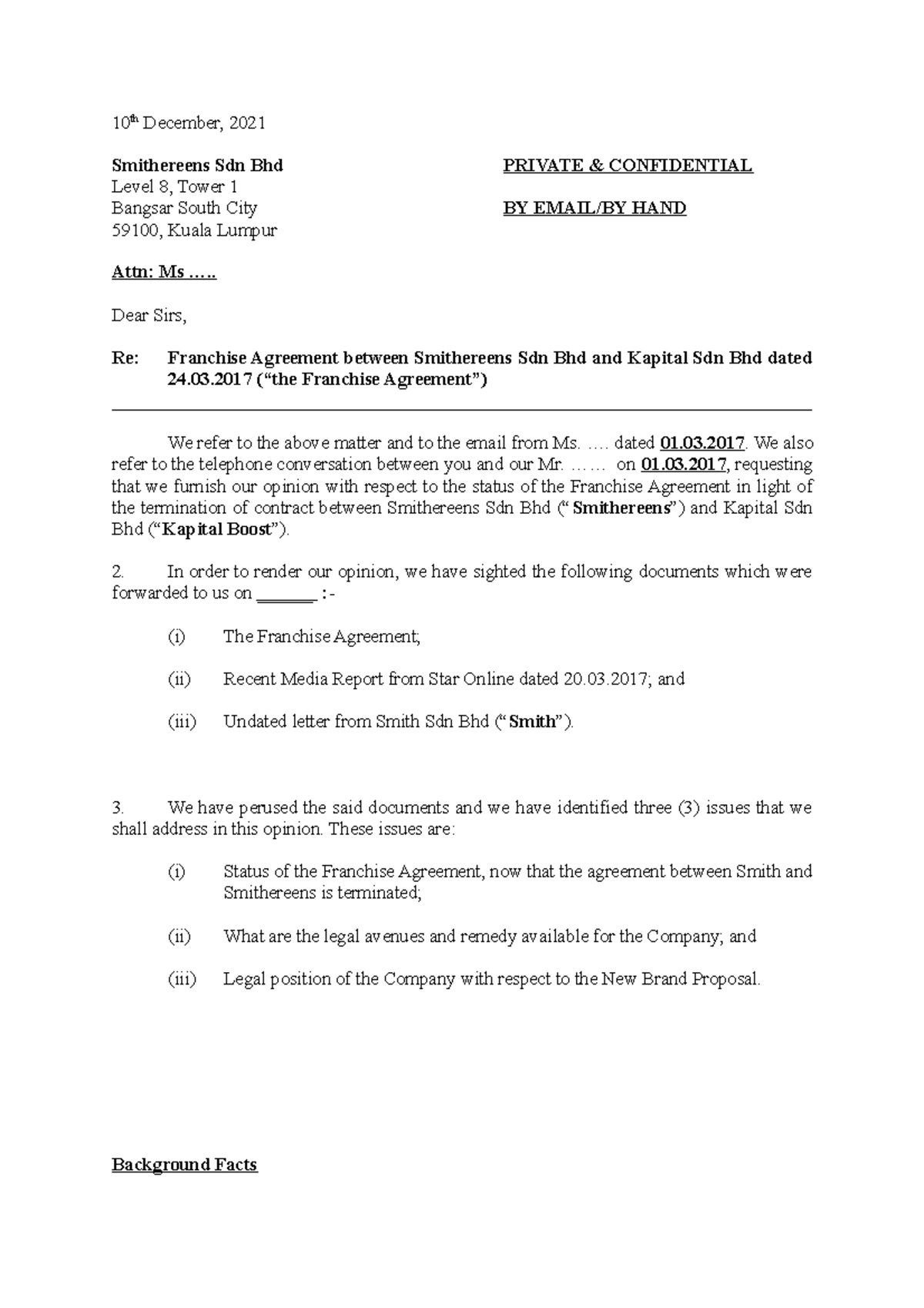 Example- Opinion letter-L1OWContract - 10 th December, 2021 Smithereens ...