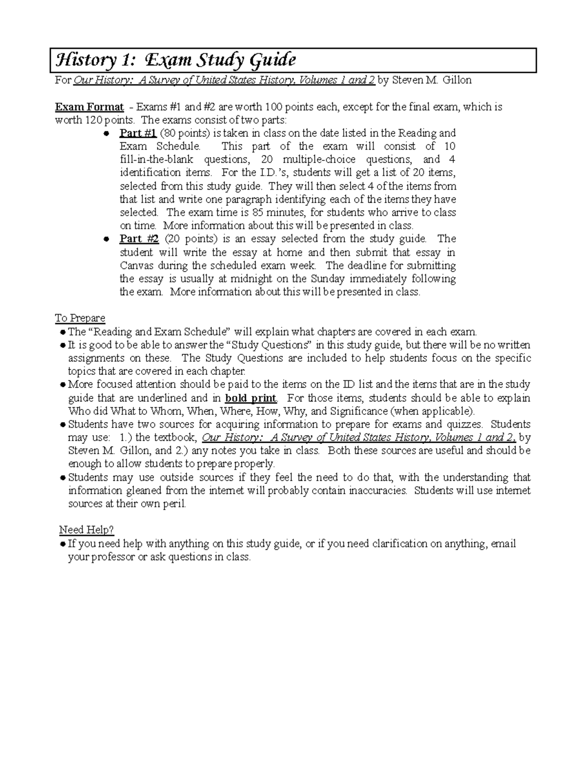 History 1 Exam Study Guide For Our History A Survey Of United States ...
