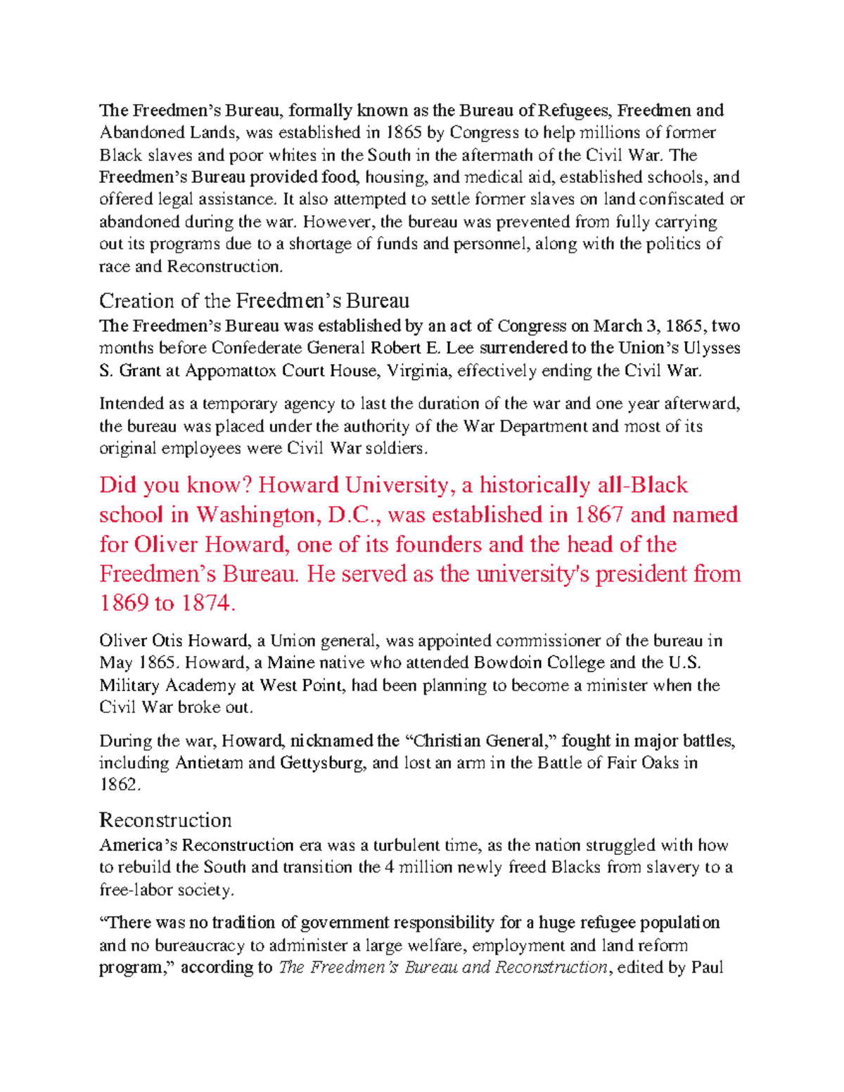 Freedmen’s Bureau Notes - The Freedmen’s Bureau, formally known as the ...