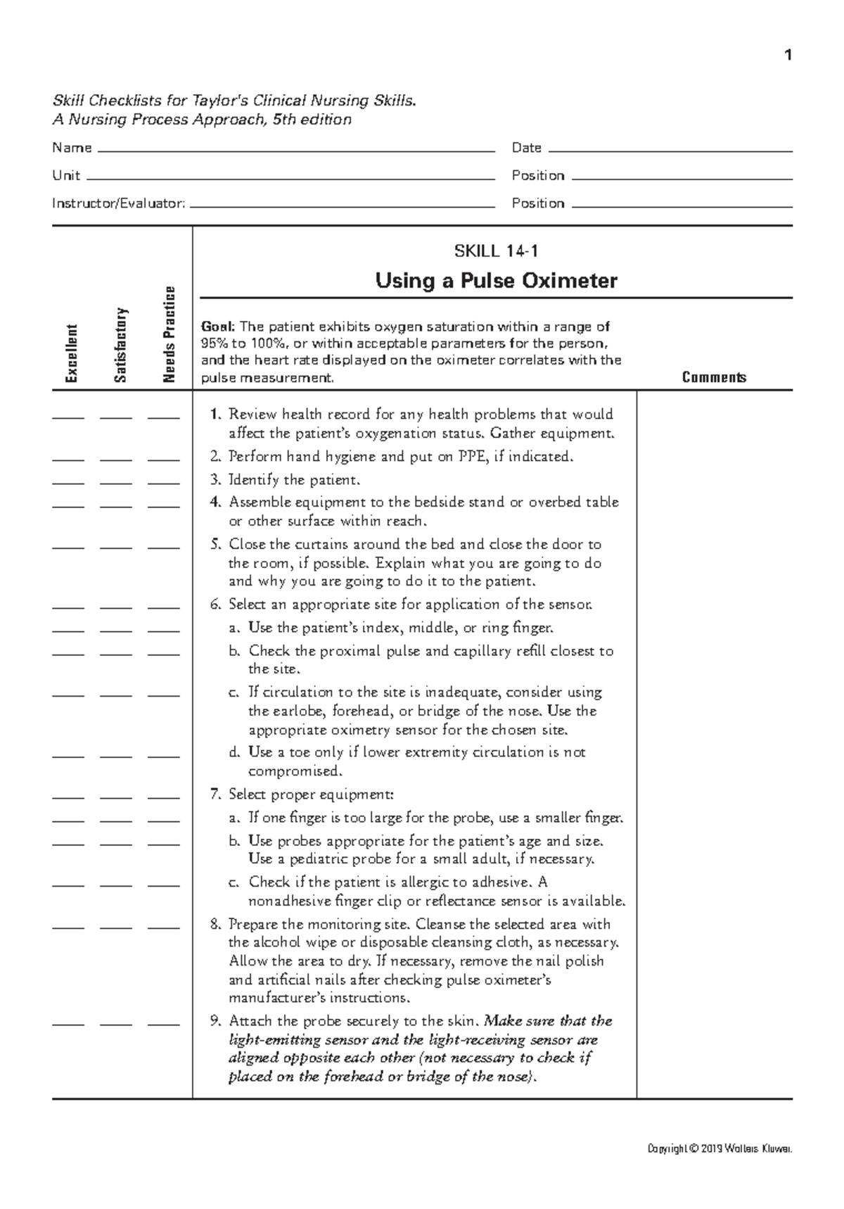 Skill 14-1 - 1 Skill Checklists for Taylor's Clinical Nursing Skills. A ...
