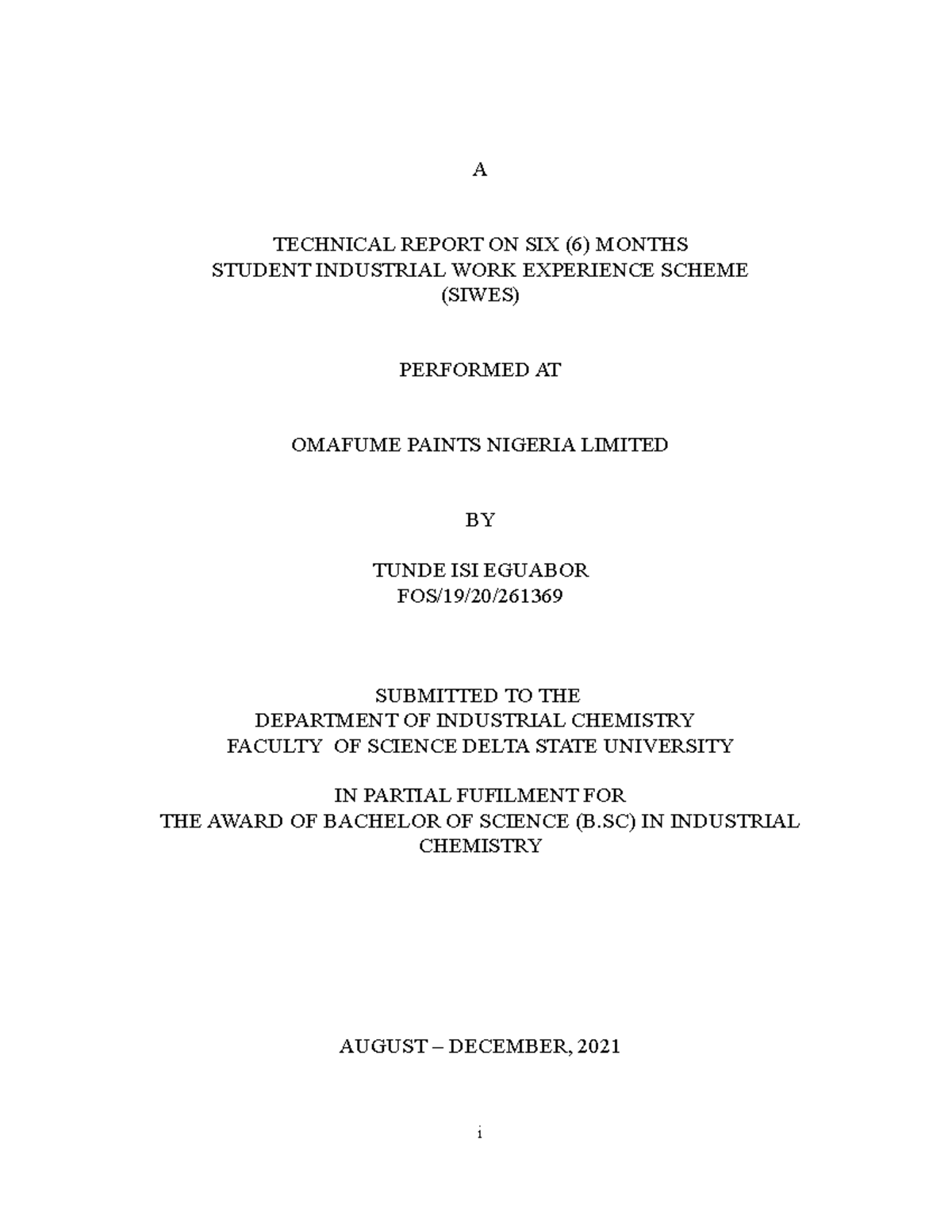 ISI IT Report Carried out at omafume paint industry - A TECHNICAL ...