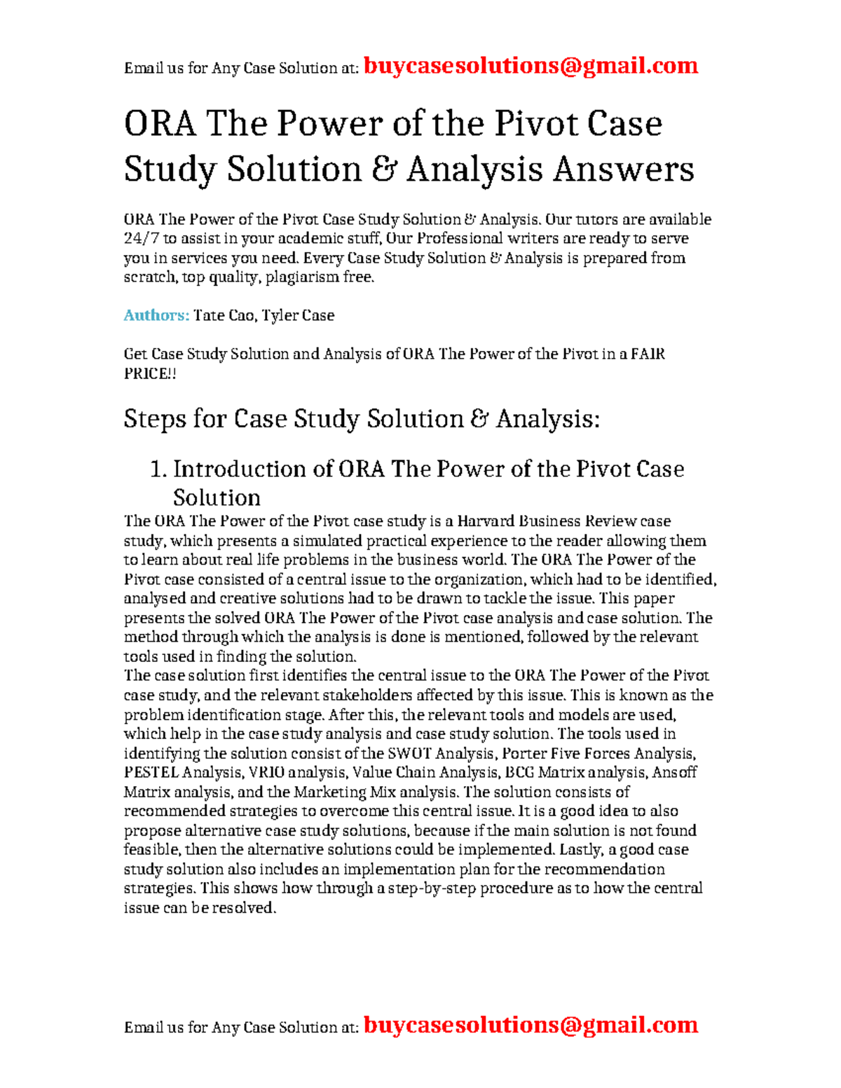 Case Solution ORA The Power of the Pivot - ORA The Power of the Pivot Case Study Solution ...