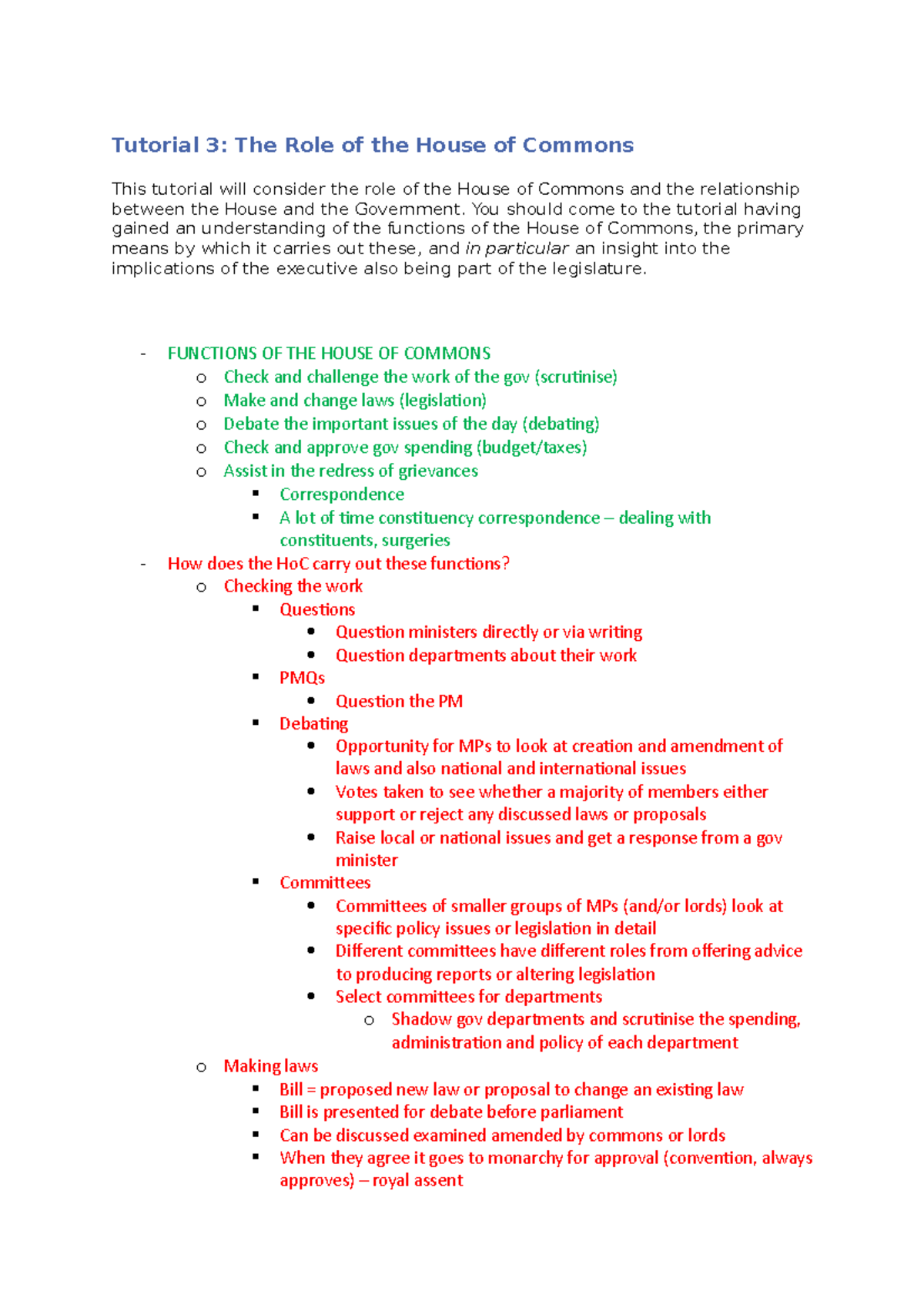 Const tut 3 - Tutorial 3: The Role of the House of Commons This ...