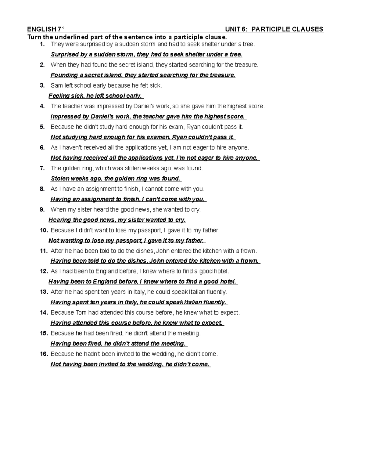 Participle Clauses exercises - 6° nivel Centro de Idiomas - ENGLISH 7 ...