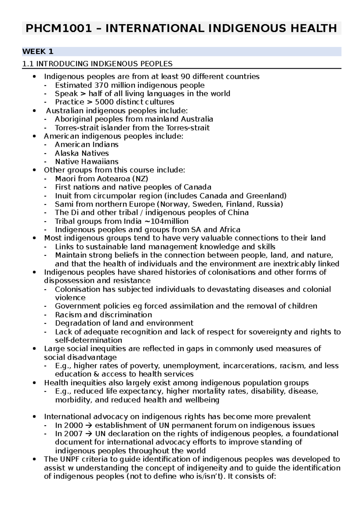 International Indigenous Health Notes 2022 - PHCM1001 – INTERNATIONAL ...
