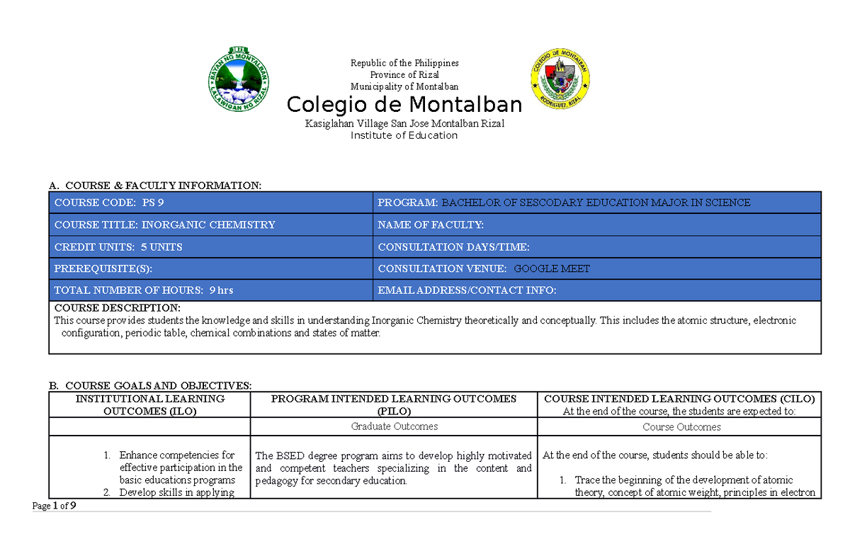 I Norganic Chemistry-PS9-IOE-OBE-Syllabus - Beed gen - Studocu